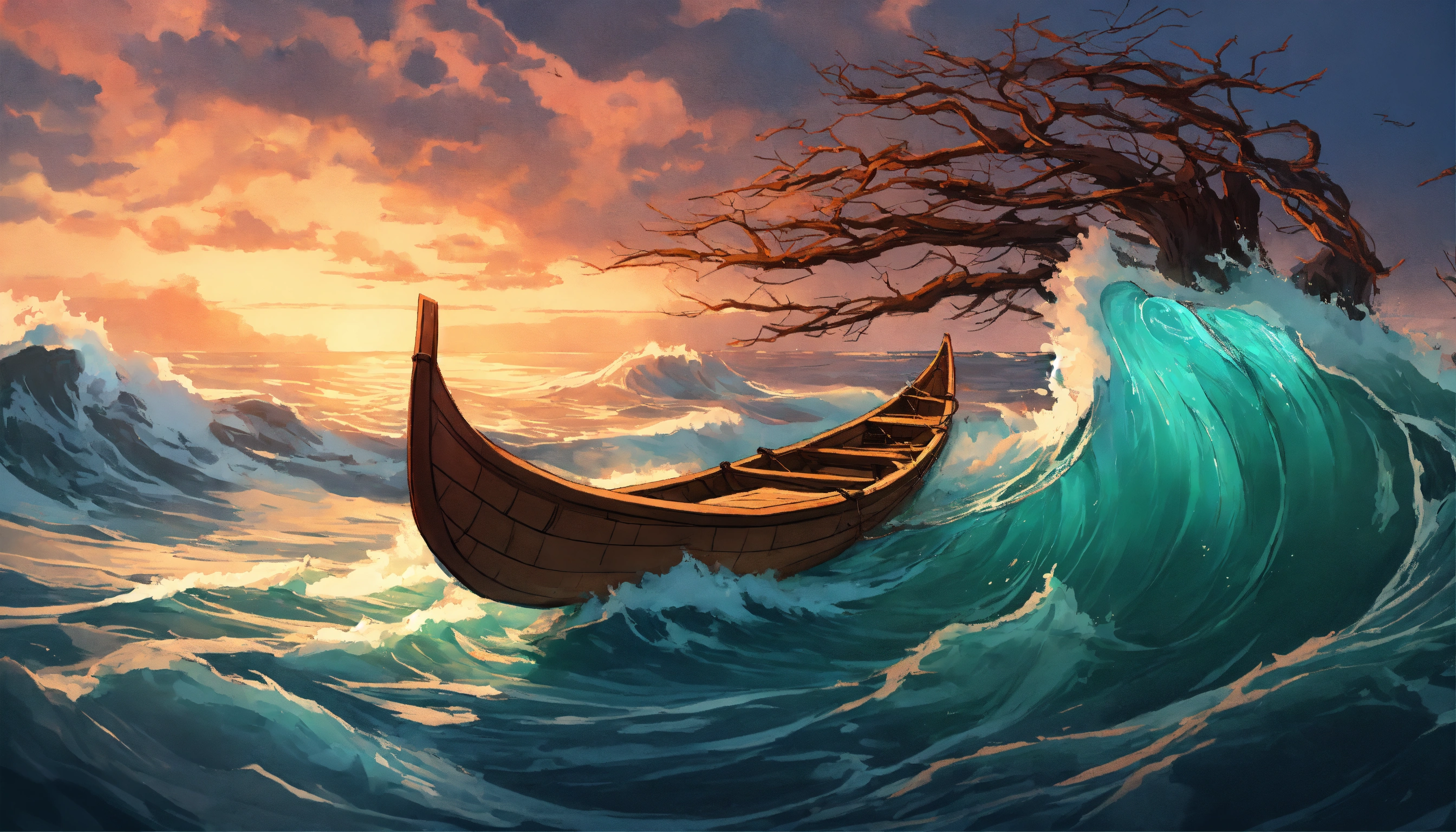 Lexica - A anime style canoe made of branches in a sea facing big waves