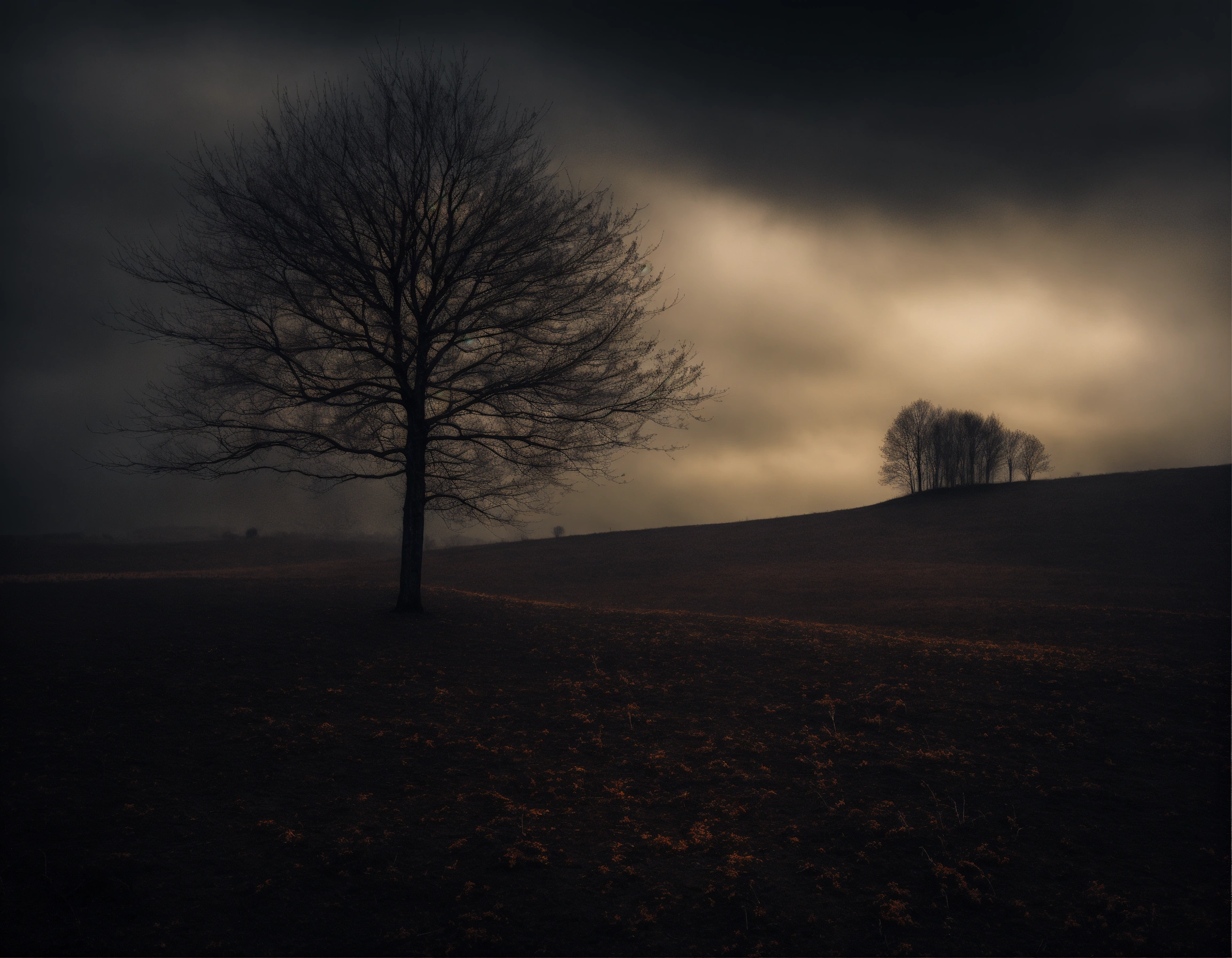 Lexica - Melancholic, dark, wanderer, empty dark landscape, a few trees