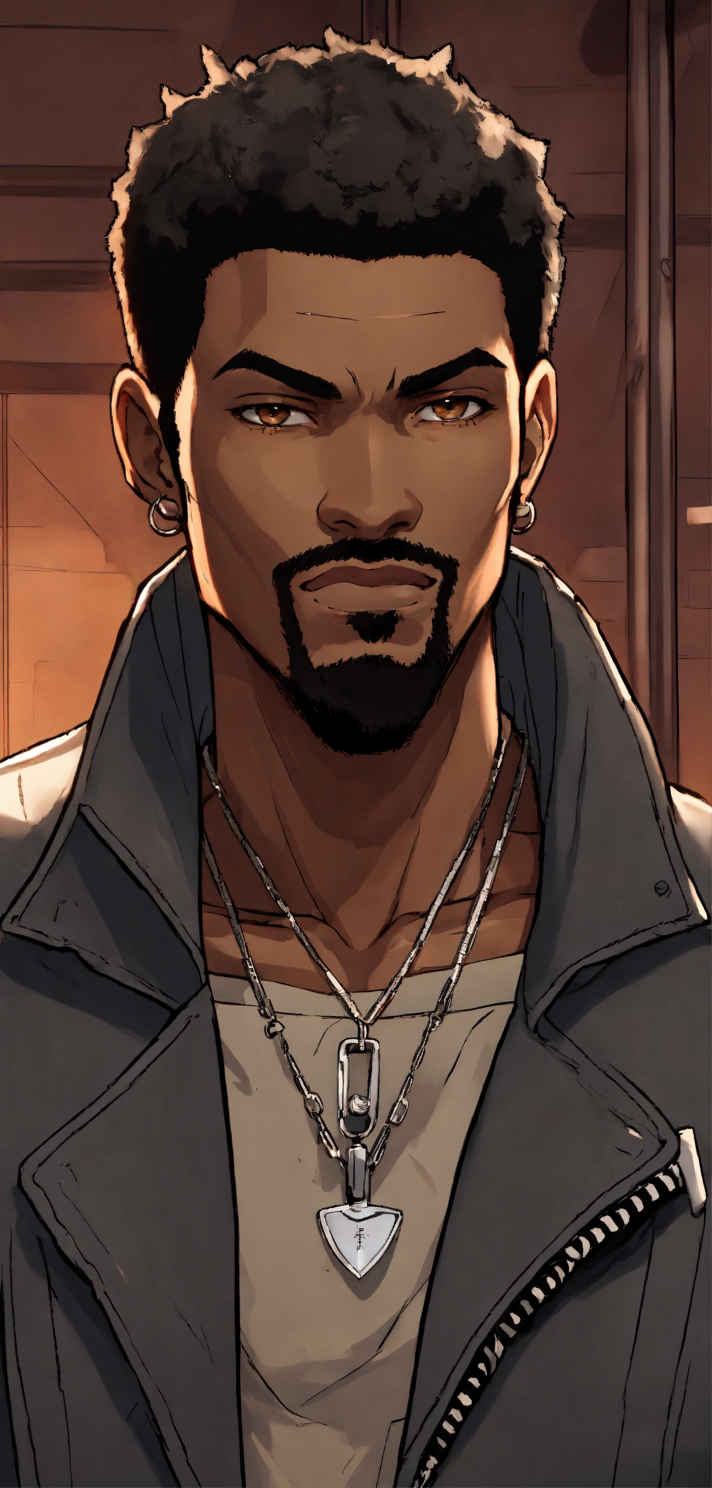 Lexica - Tall black male, gray leather jacket, brown eyes, short black ...