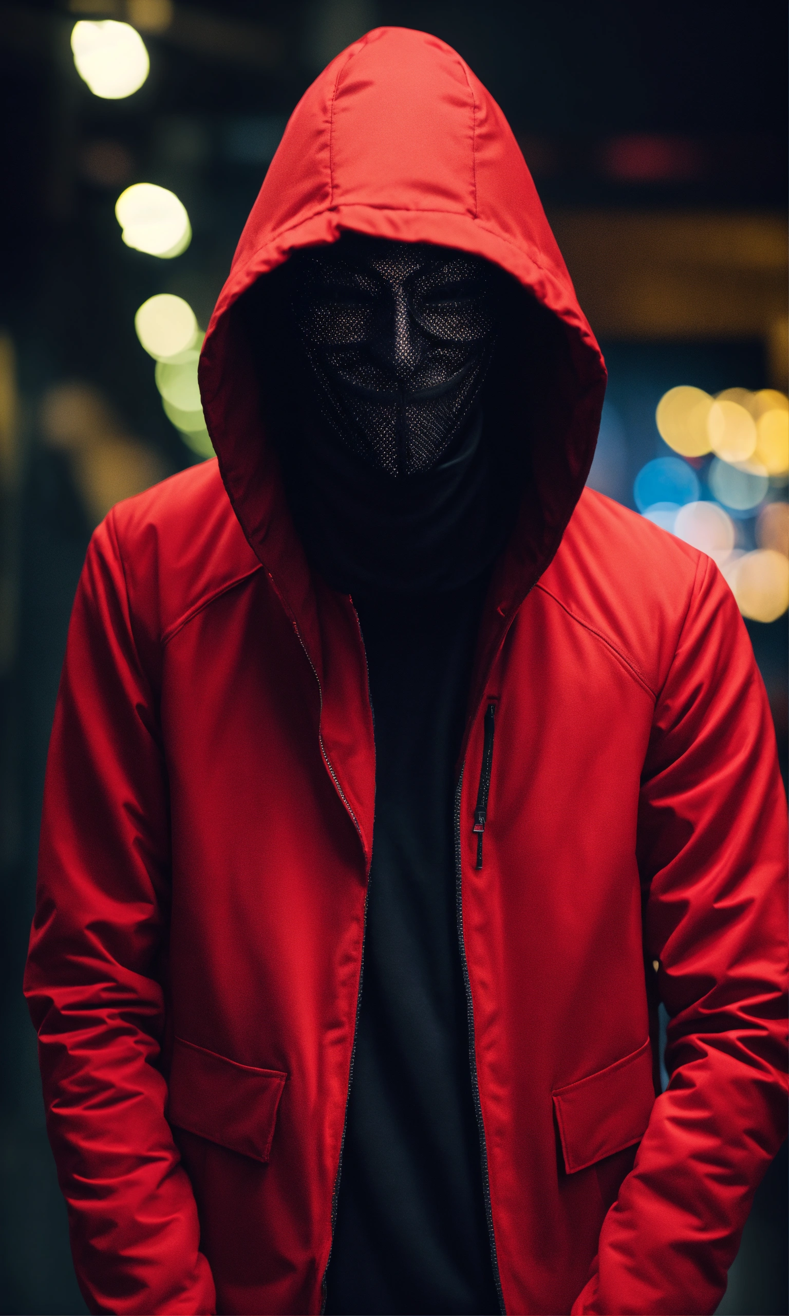 Lexica - Anonymous hacker in red jacket with dark hidden face sending ...