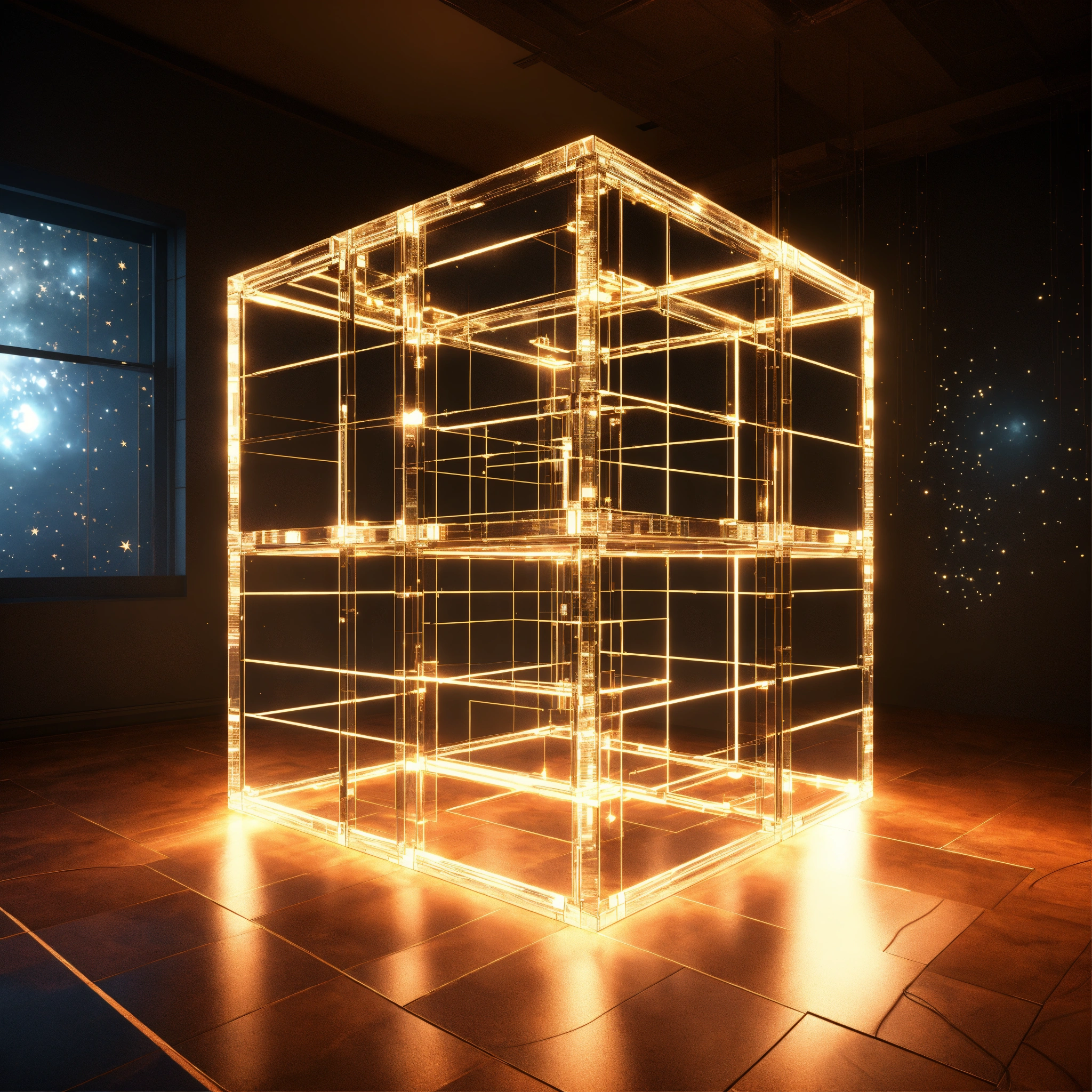 Lexica - Transparent cube, lines of cube radiant lights, in darkened ...