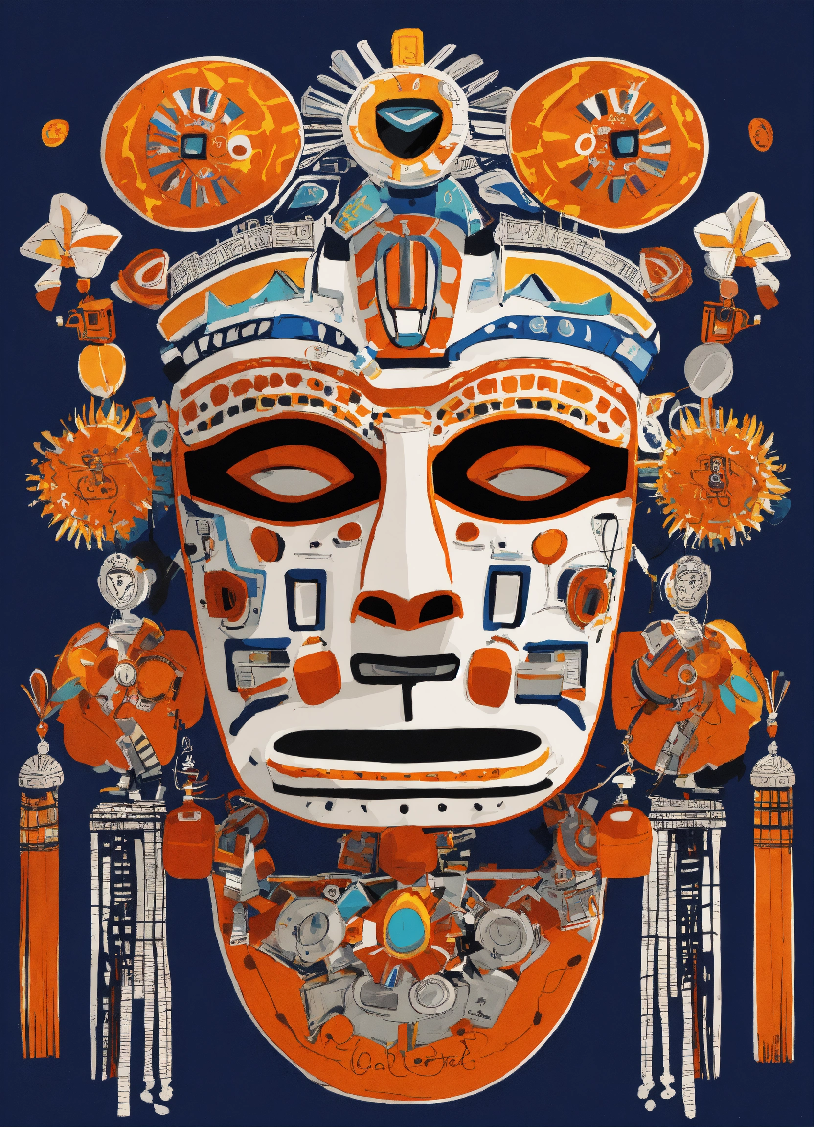 Lexica - Ixchel Mayan deity mask. T shirt Vector White silver orange ...