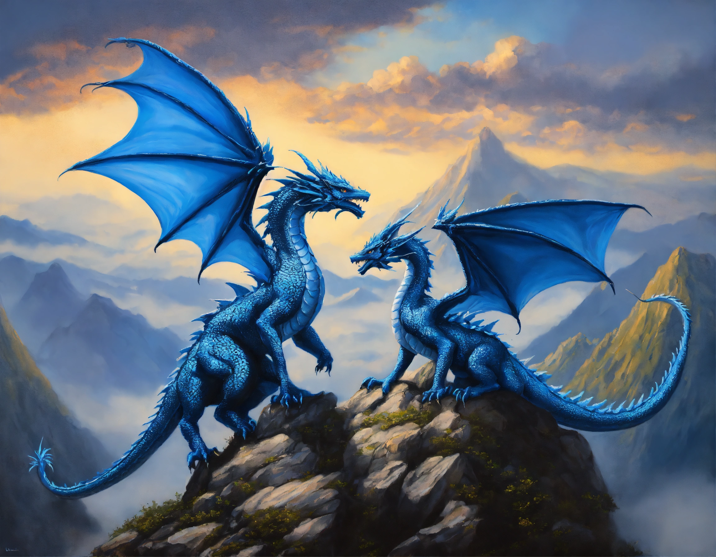 Lexica - Oil painting of two blue dragons touching each other on top of ...