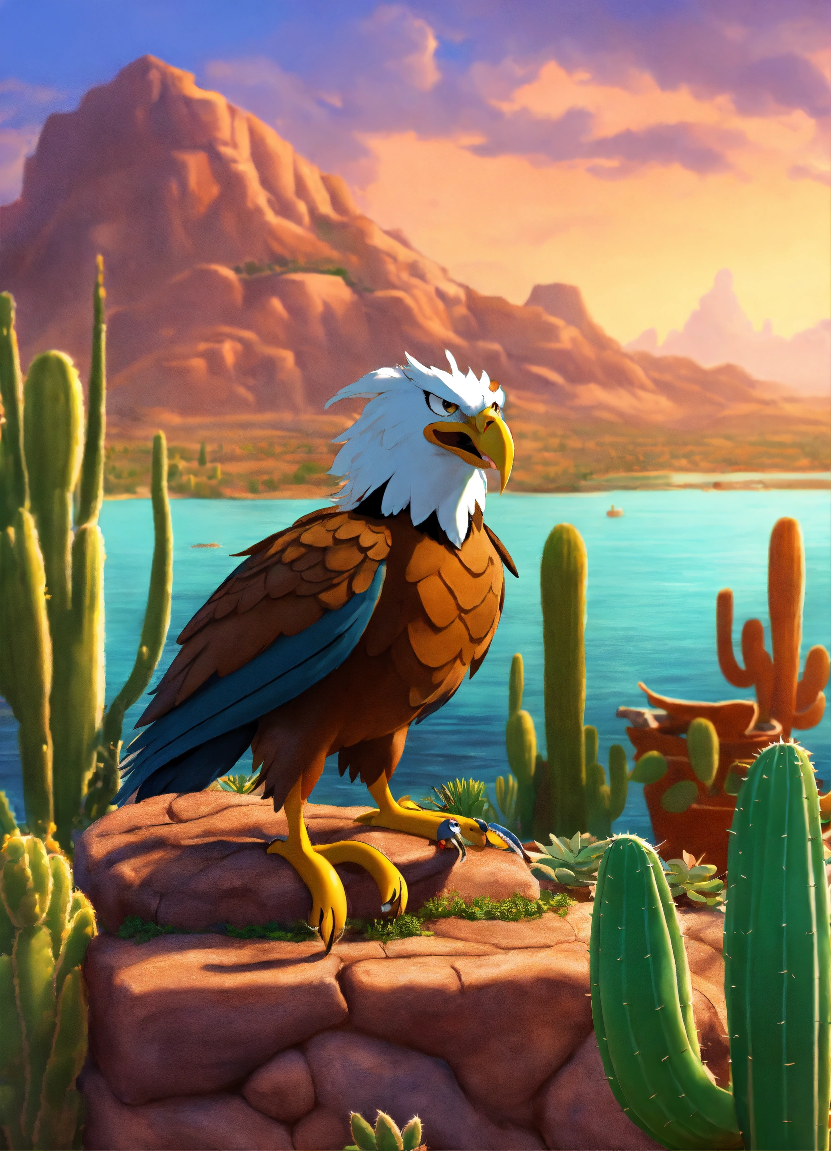 Lexica - Pixar animation of Eagle Devouring ((Snake)) on a cactus ...