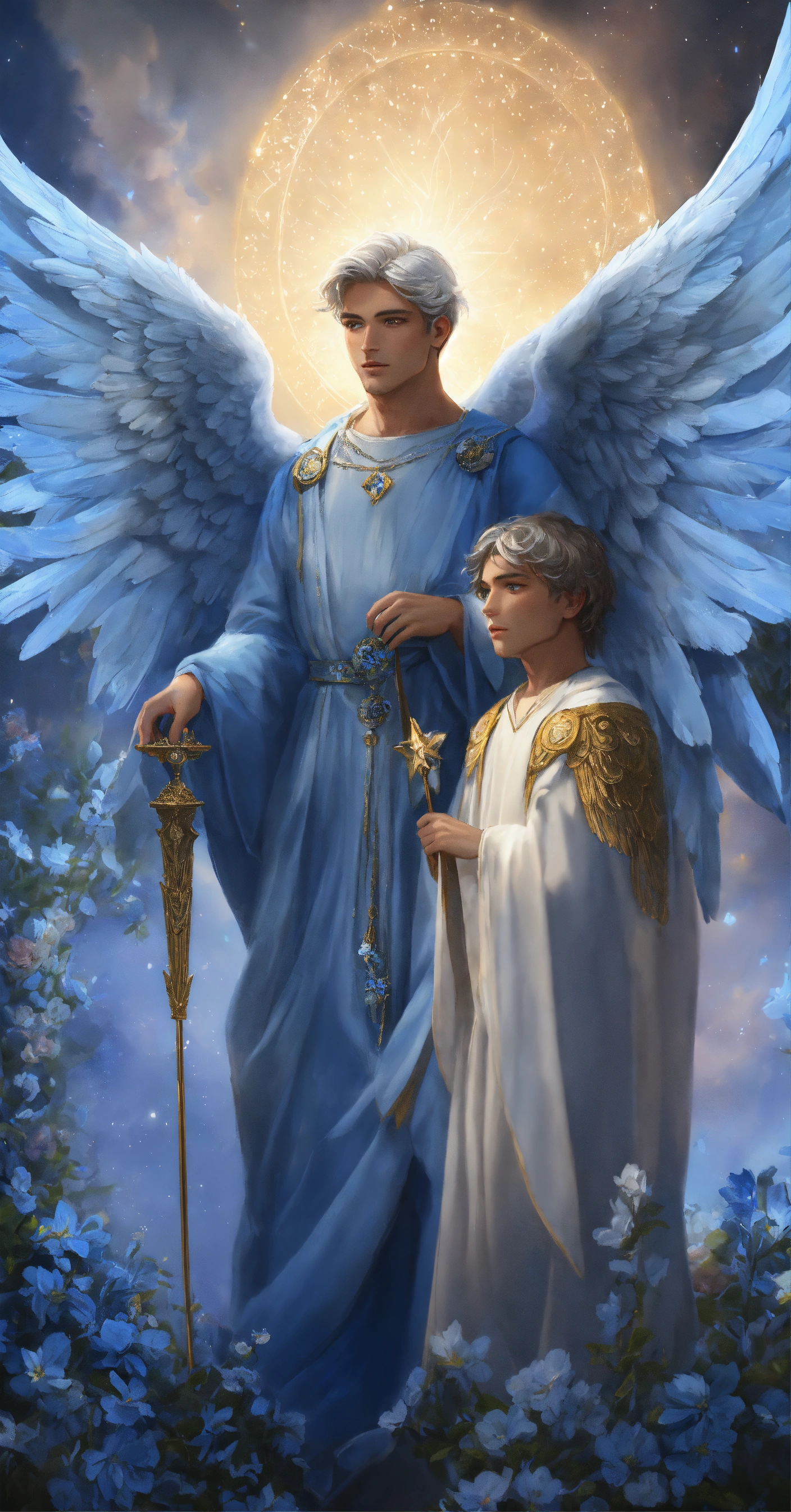 Lexica - 2 male guardian angels with detailed and luminous blue angel wings. 1 30-year-old male ...