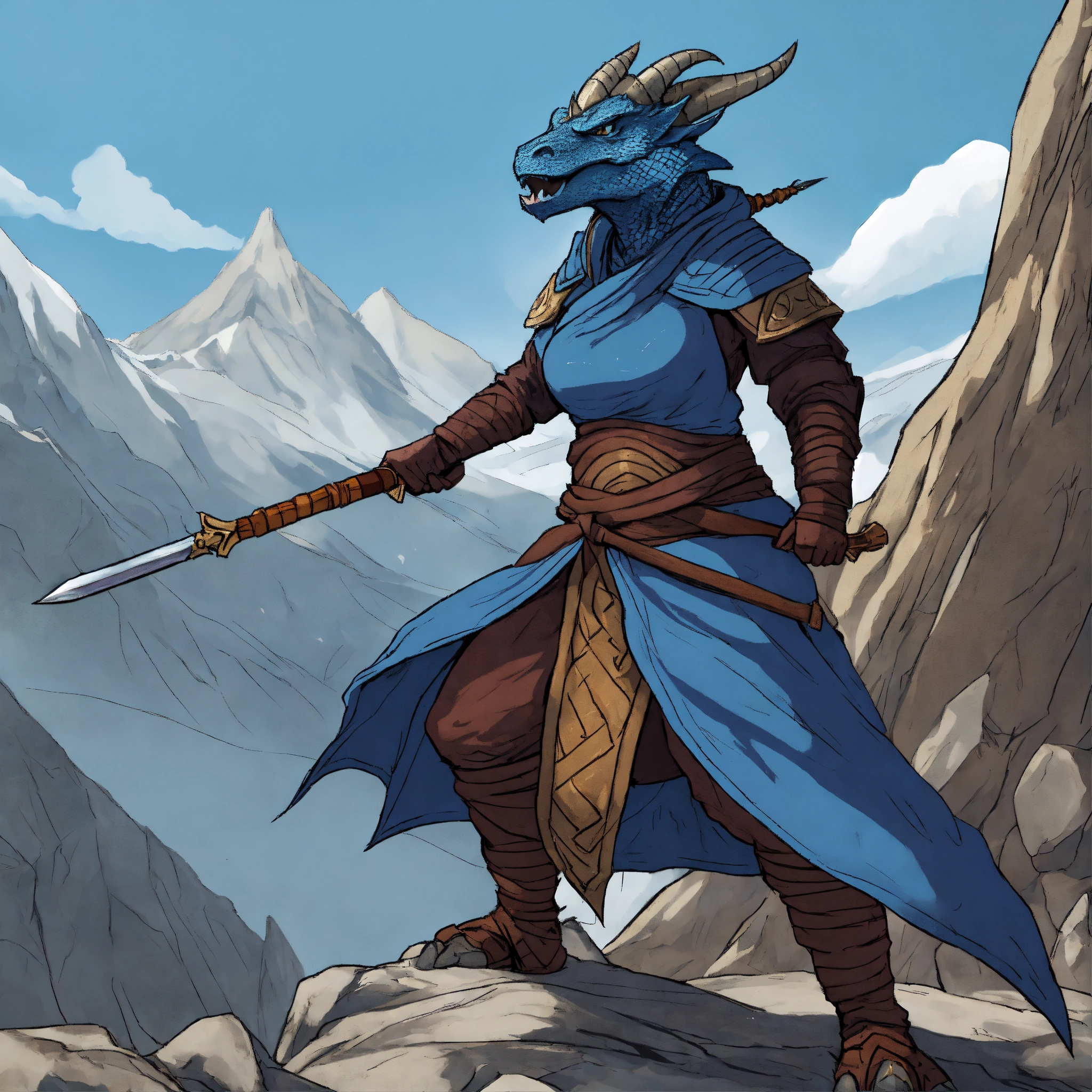 Lexica - Female Blue Dragonborn with a spear, wearing a monk robe ...