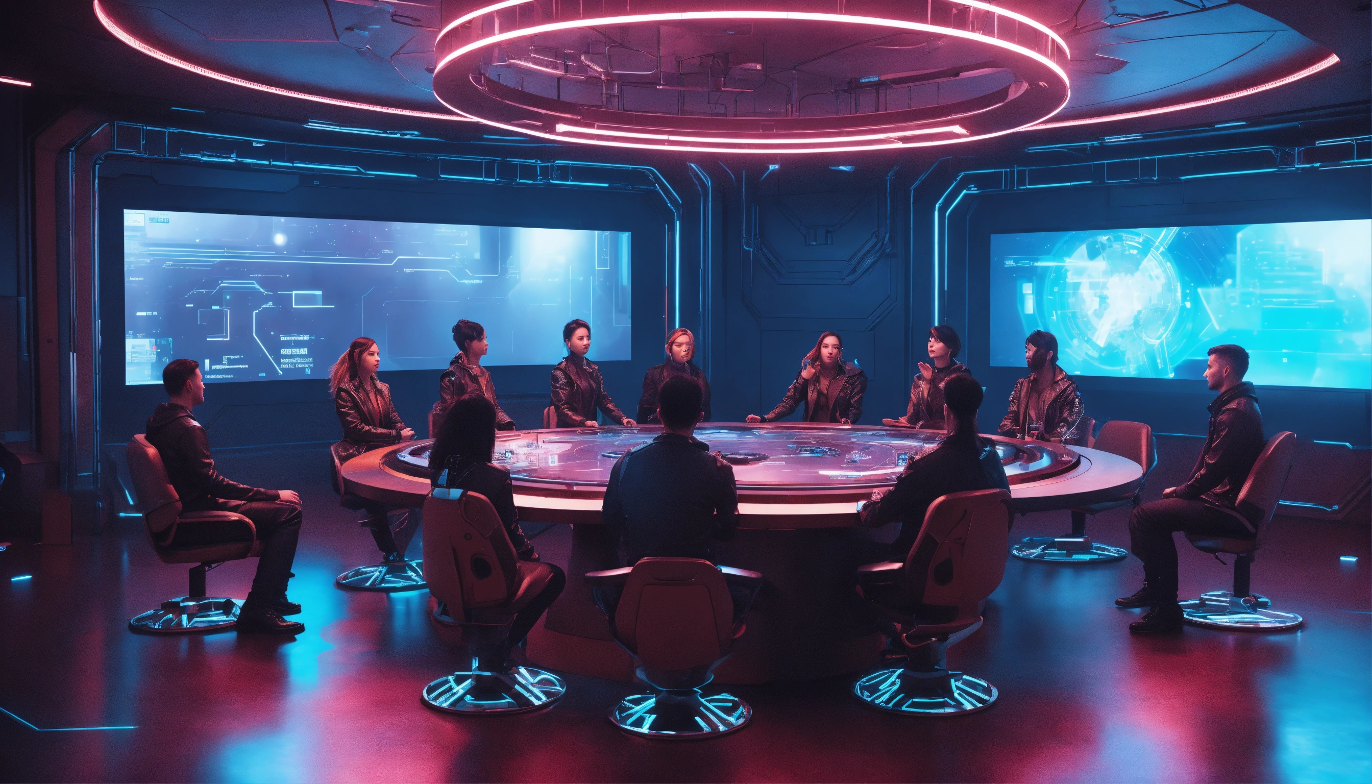 Lexica - Futuristic meeting room, people siting around the cybernetic ...