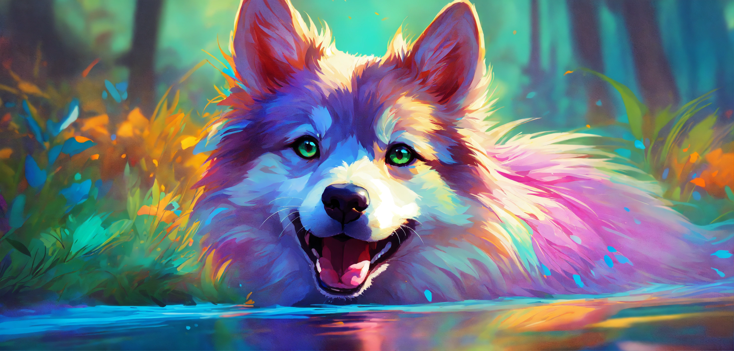 Lexica - In this vibrant painting, a graceful Pomsky is captured in ...
