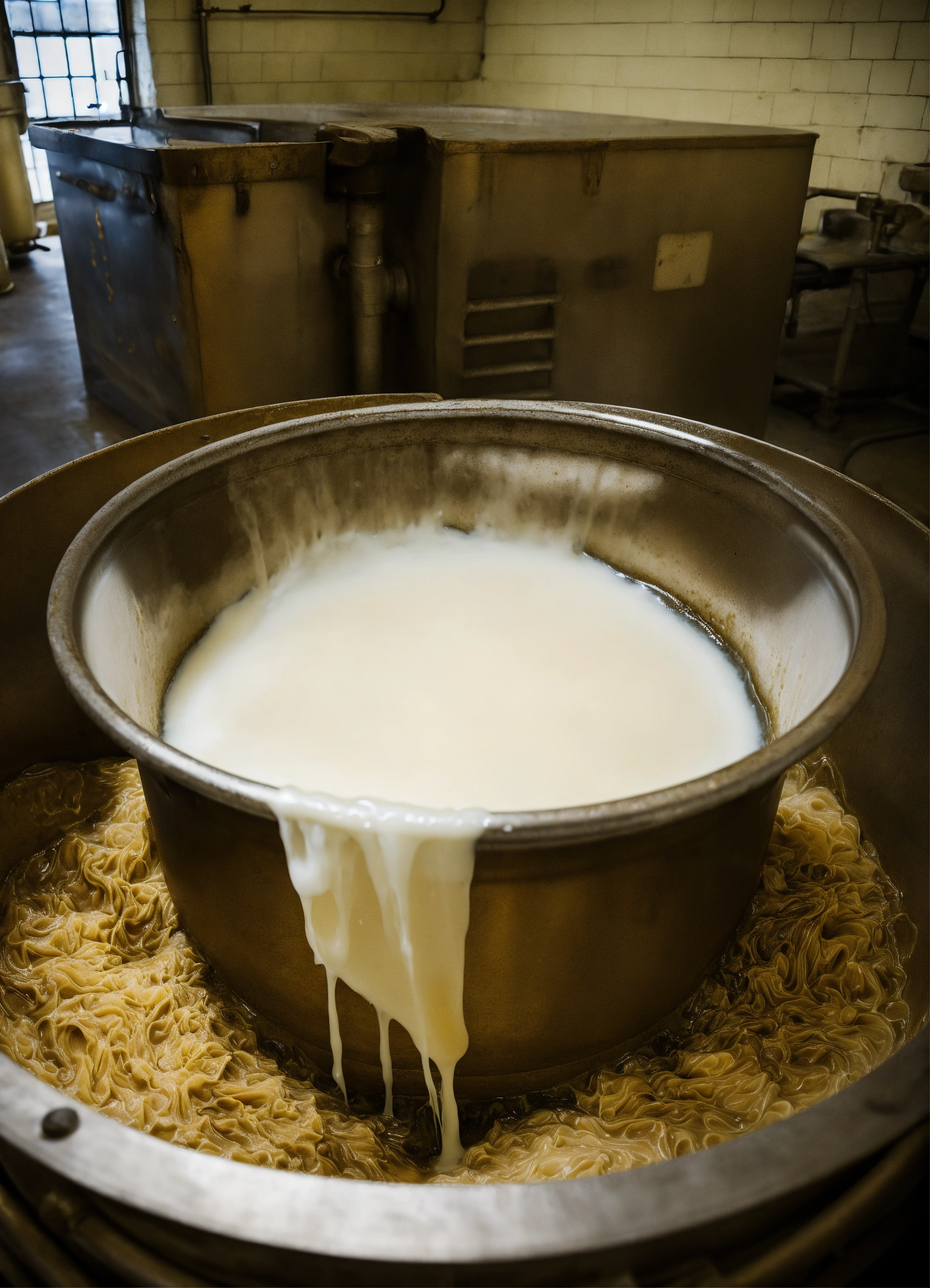 Lexica - Curdled milk in a straining cloth in an industrial setting