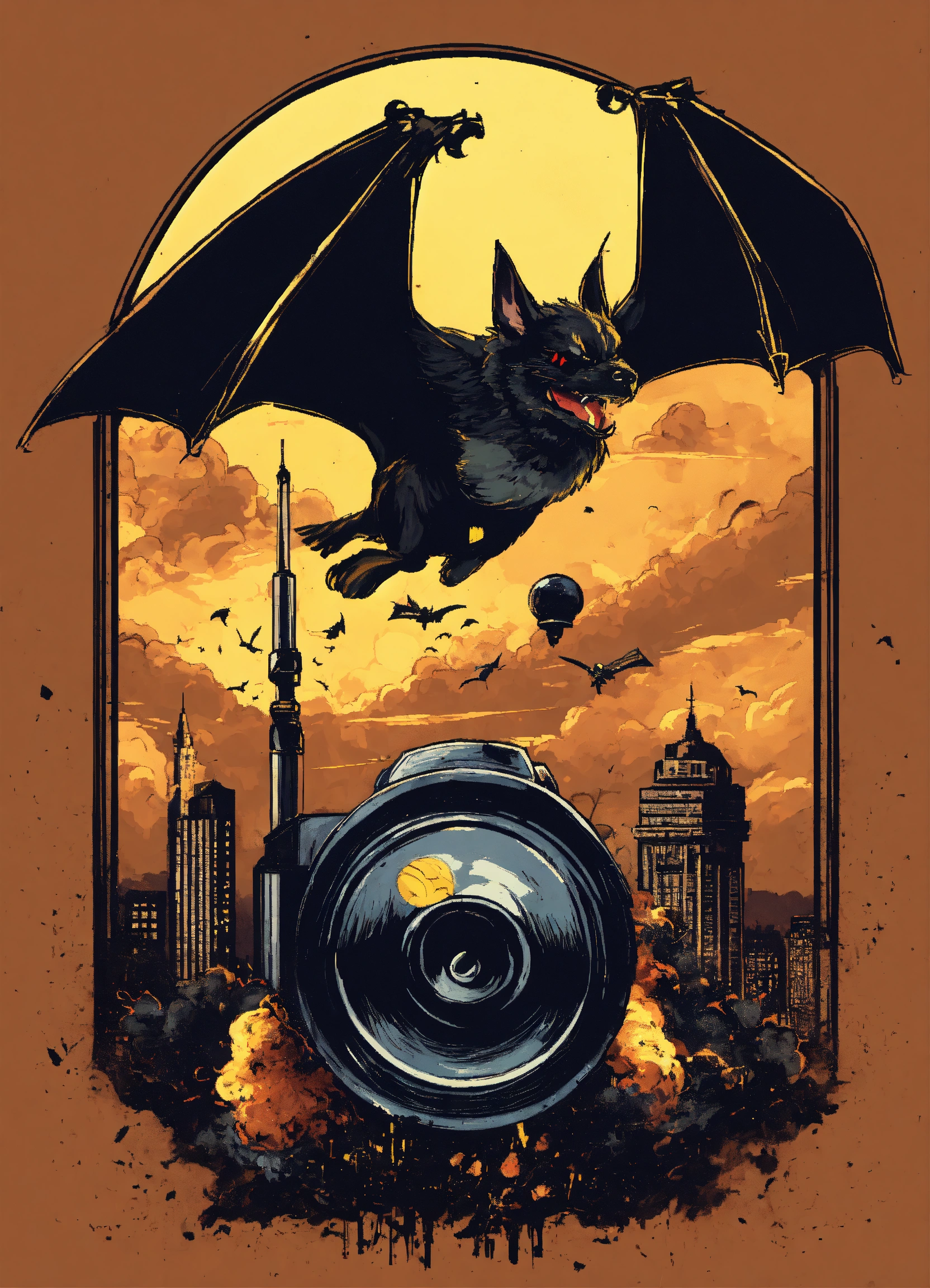 Lexica - T-shirt design, aggressive flying bat with bomb, dark sky
