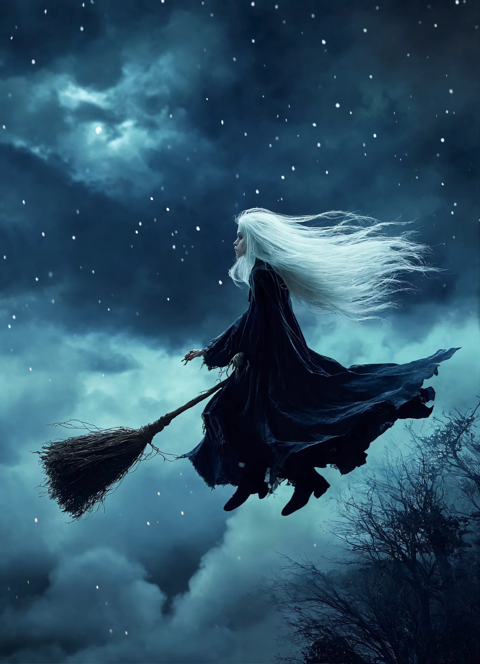 Lexica - Flying on a witch's broom in the gloomy night sky of an evil ...