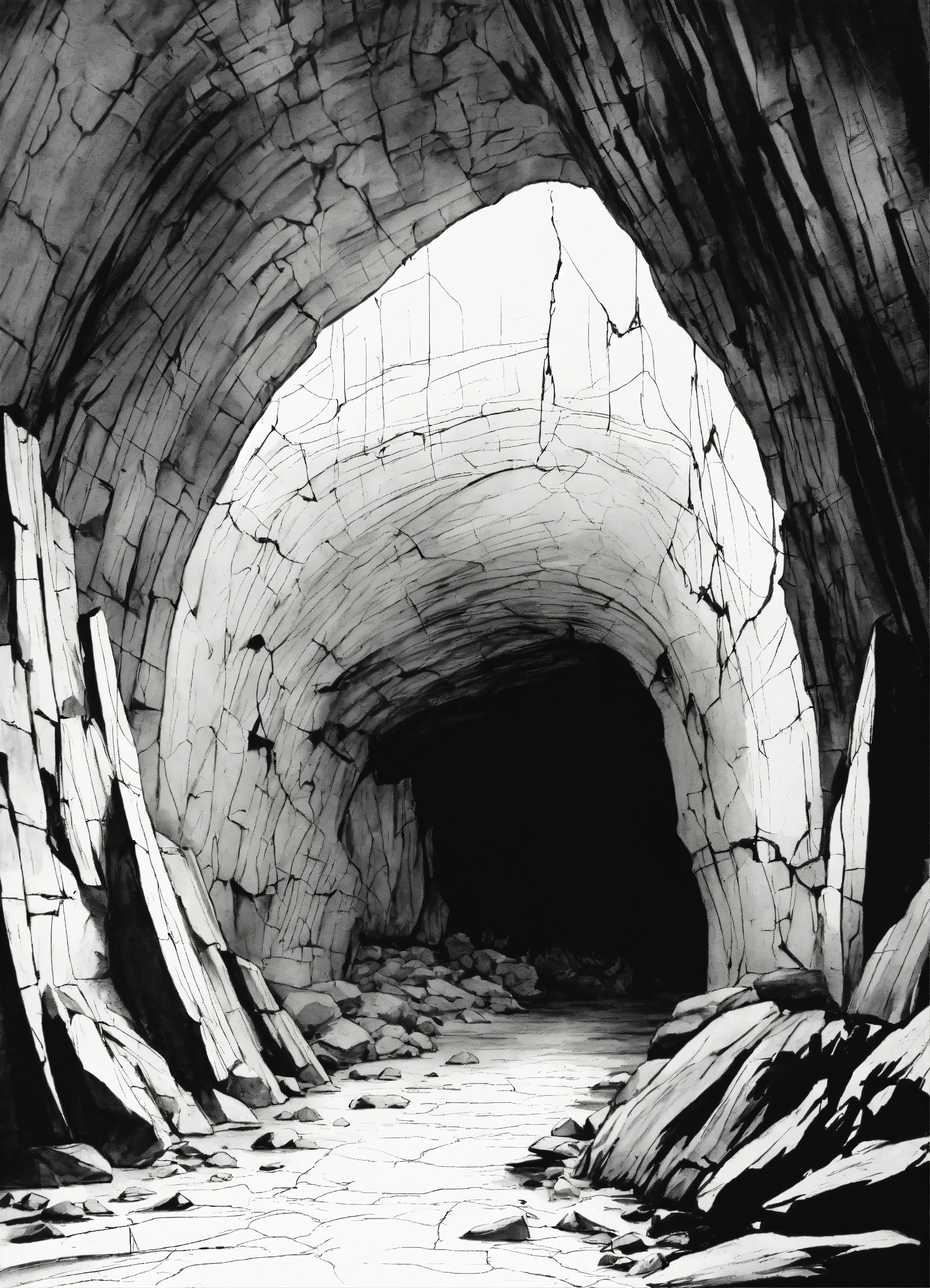 Lexica - Black and white drawing of a cave, tunnel, cracks, dark