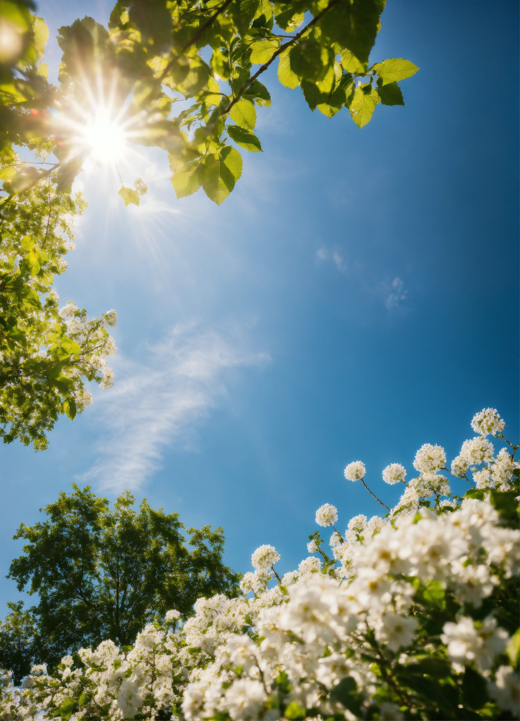 Lexica - White flowers, blue sky, trees and sun shining in the ...