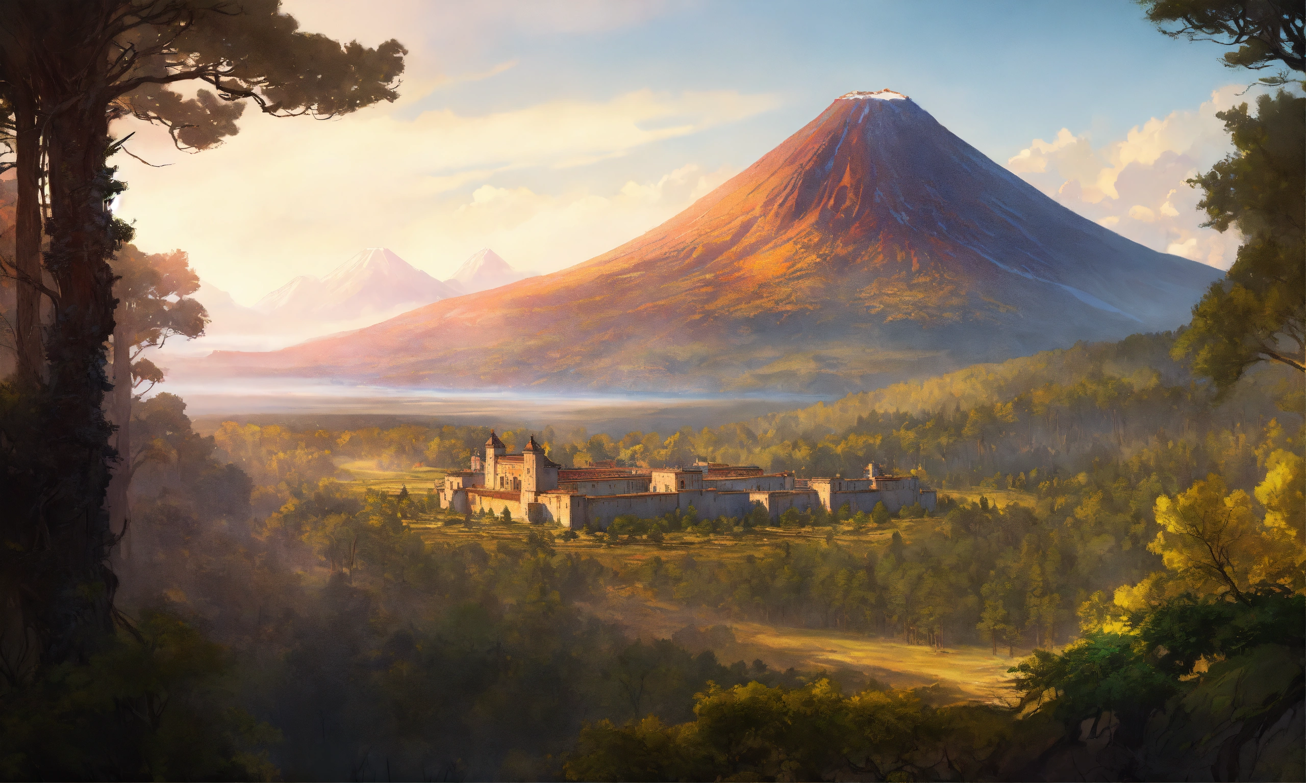 Lexica - Colonial fortress with dormant volcano in distance and pine ...