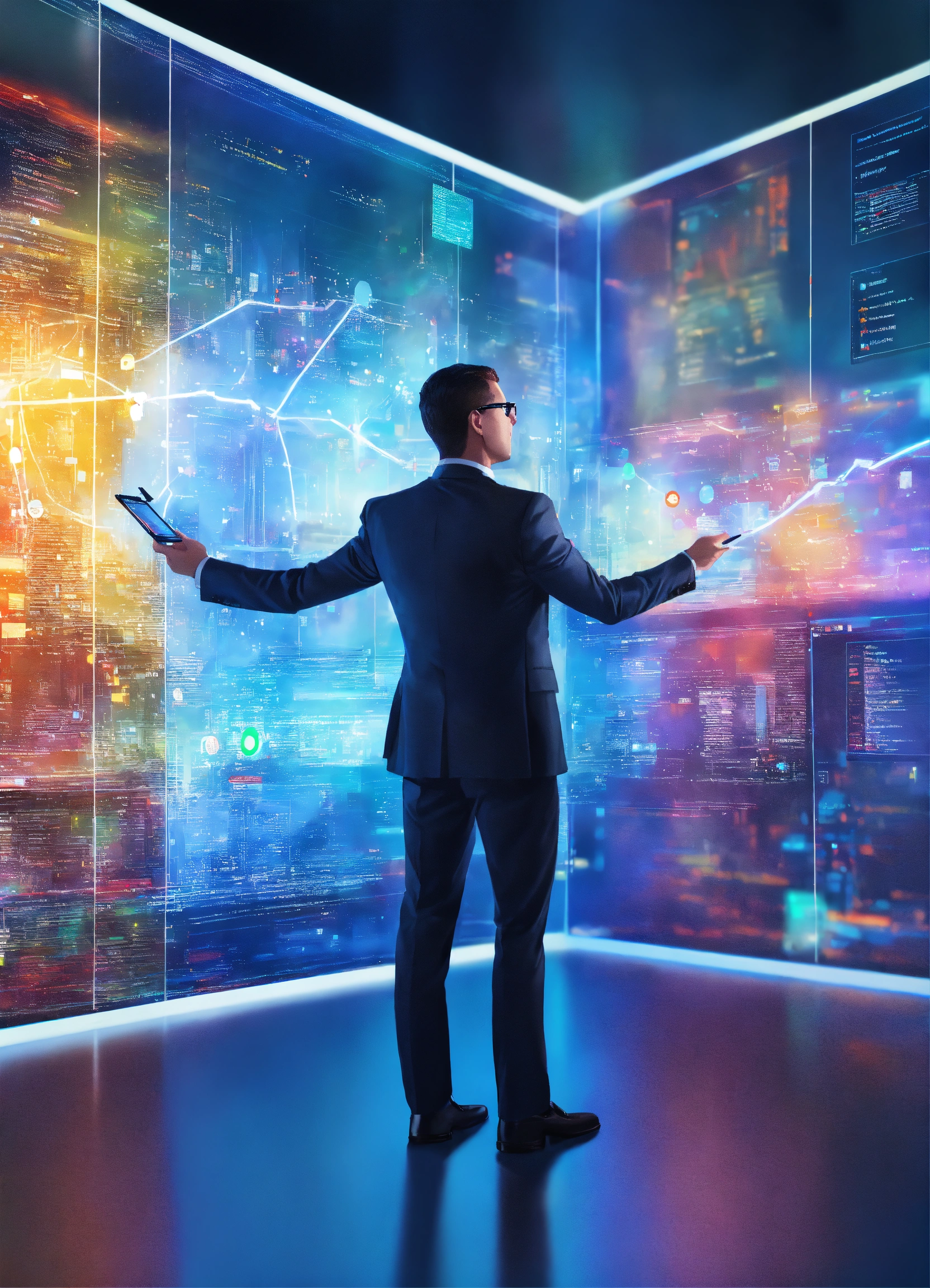 Lexica - A vibrant image depicts a businessman standing behind a fully ...