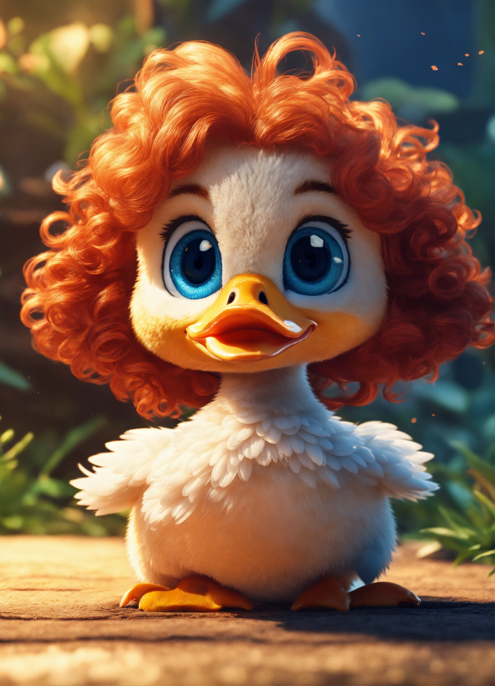Lexica - A cute baby duck with big blue eyes and long long red curly ...