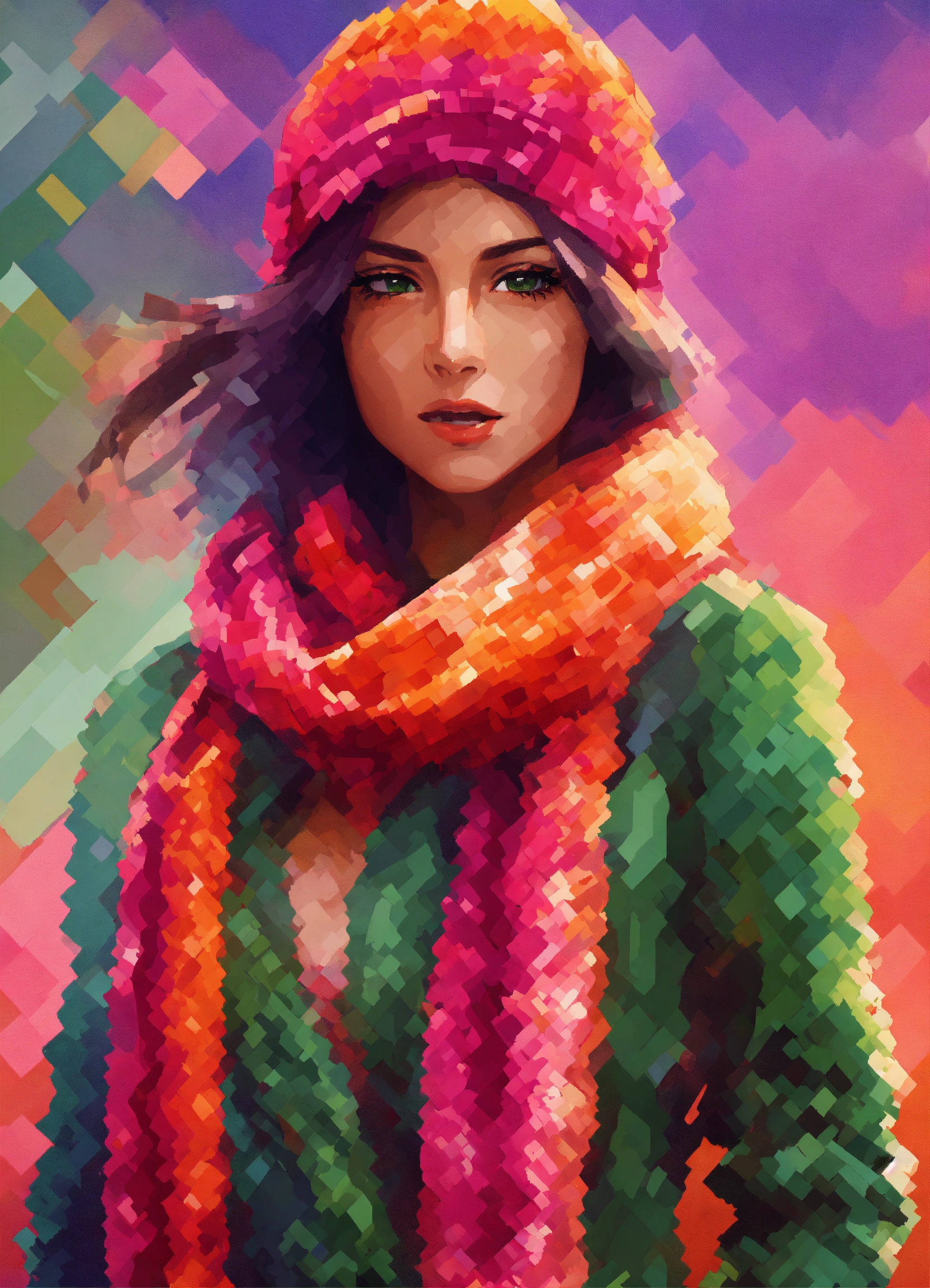 Lexica - Full body, BRUNE pixelated woman, green and raspberry colors ...