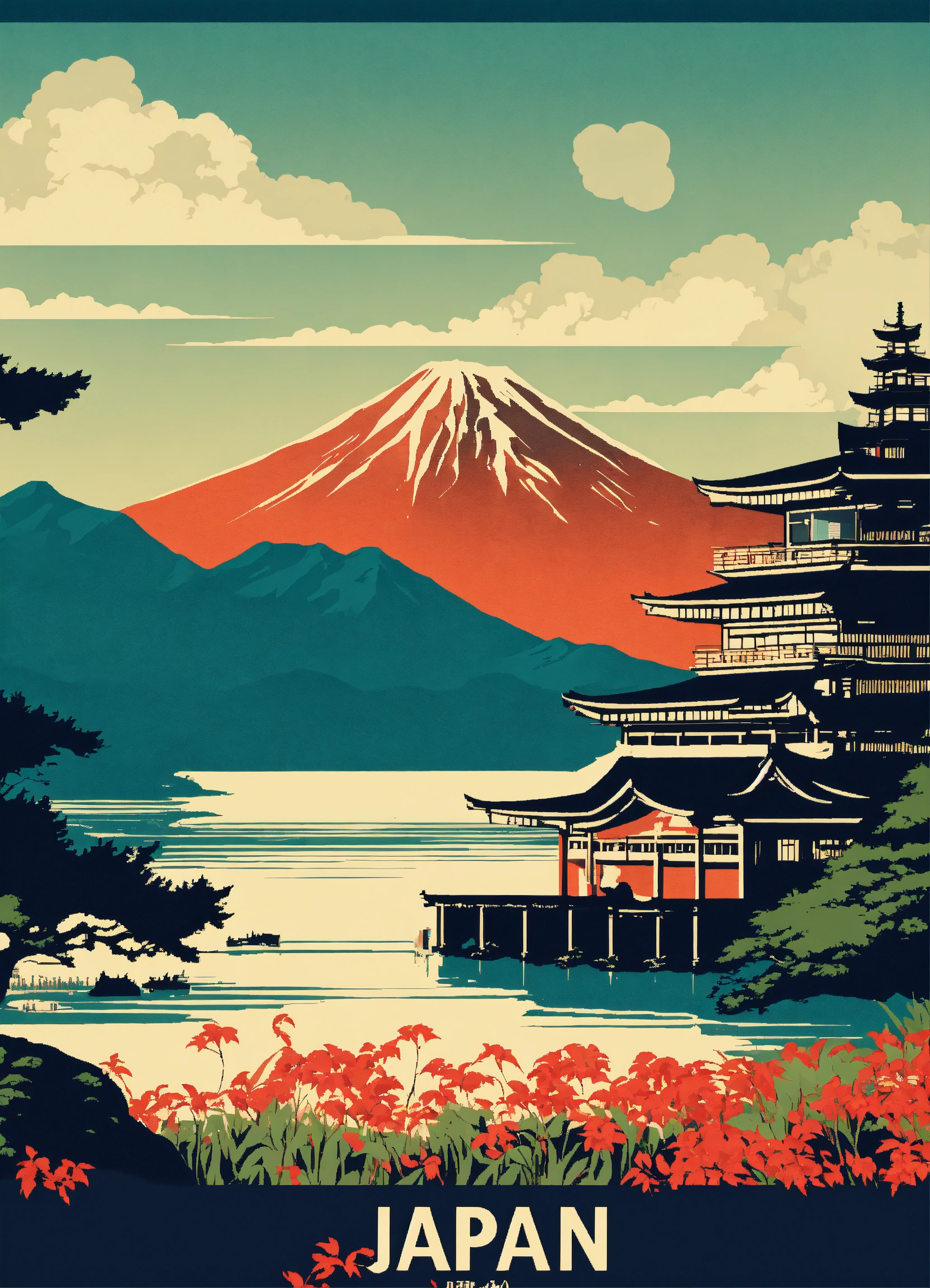 Lexica - Japan, travel poster, WPA style vintage screenprint, vector art