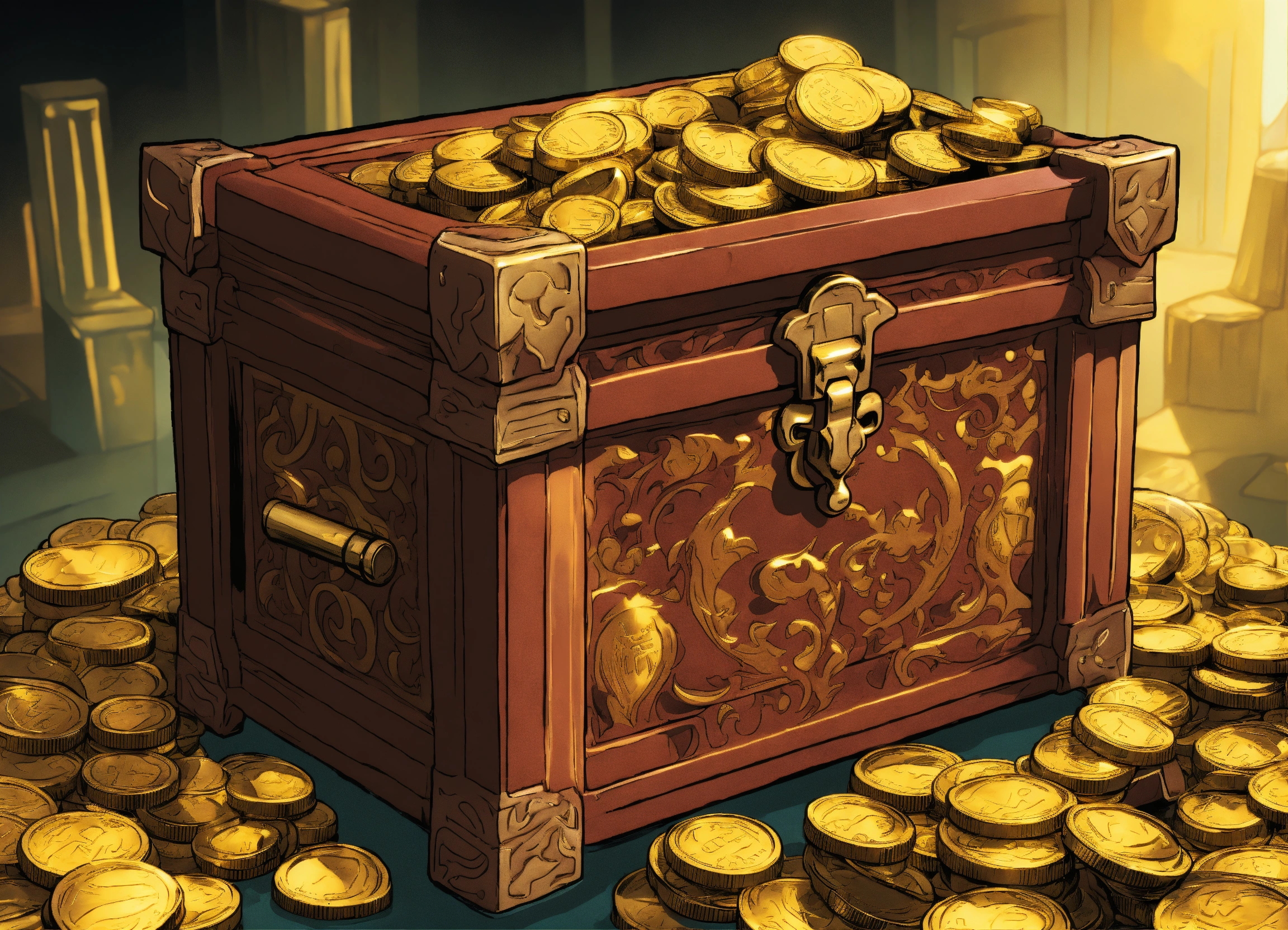 Lexica - A fantasy coffer of gold coins, in graphic novel art form