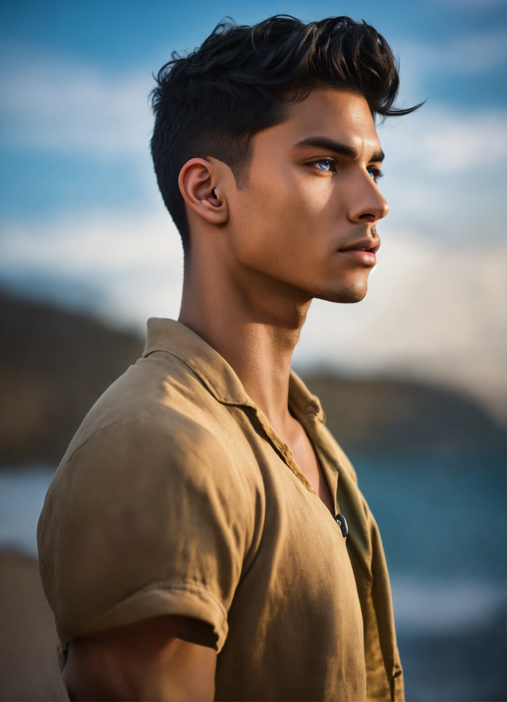 Lexica - Young man; Deep caramel tan skin, angular features; sharp ...