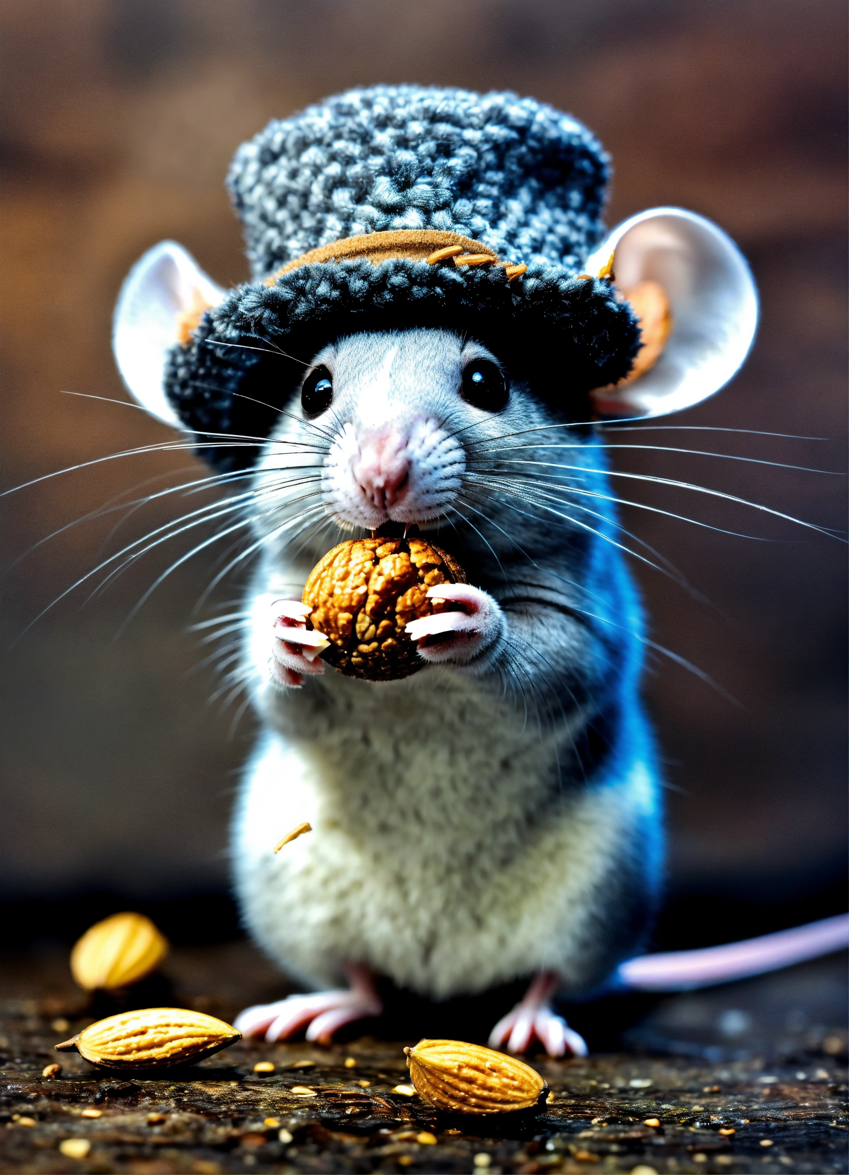 Lexica - Grey mouse eating a nut, wearing a cool hat