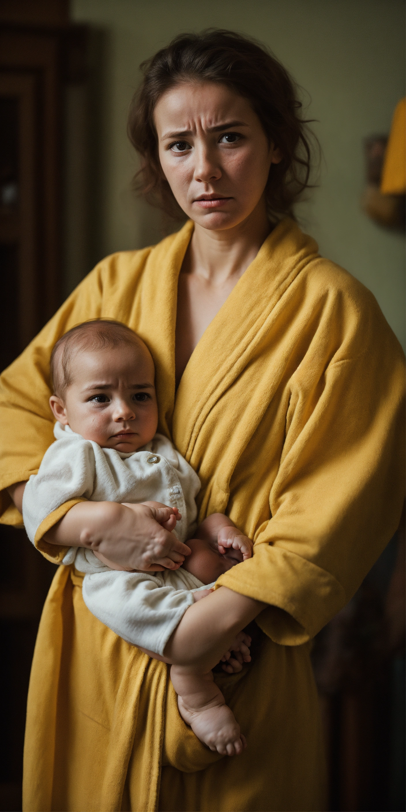 Lexica - A sad woman in a housecoat with a sad and pitiful face holds ...