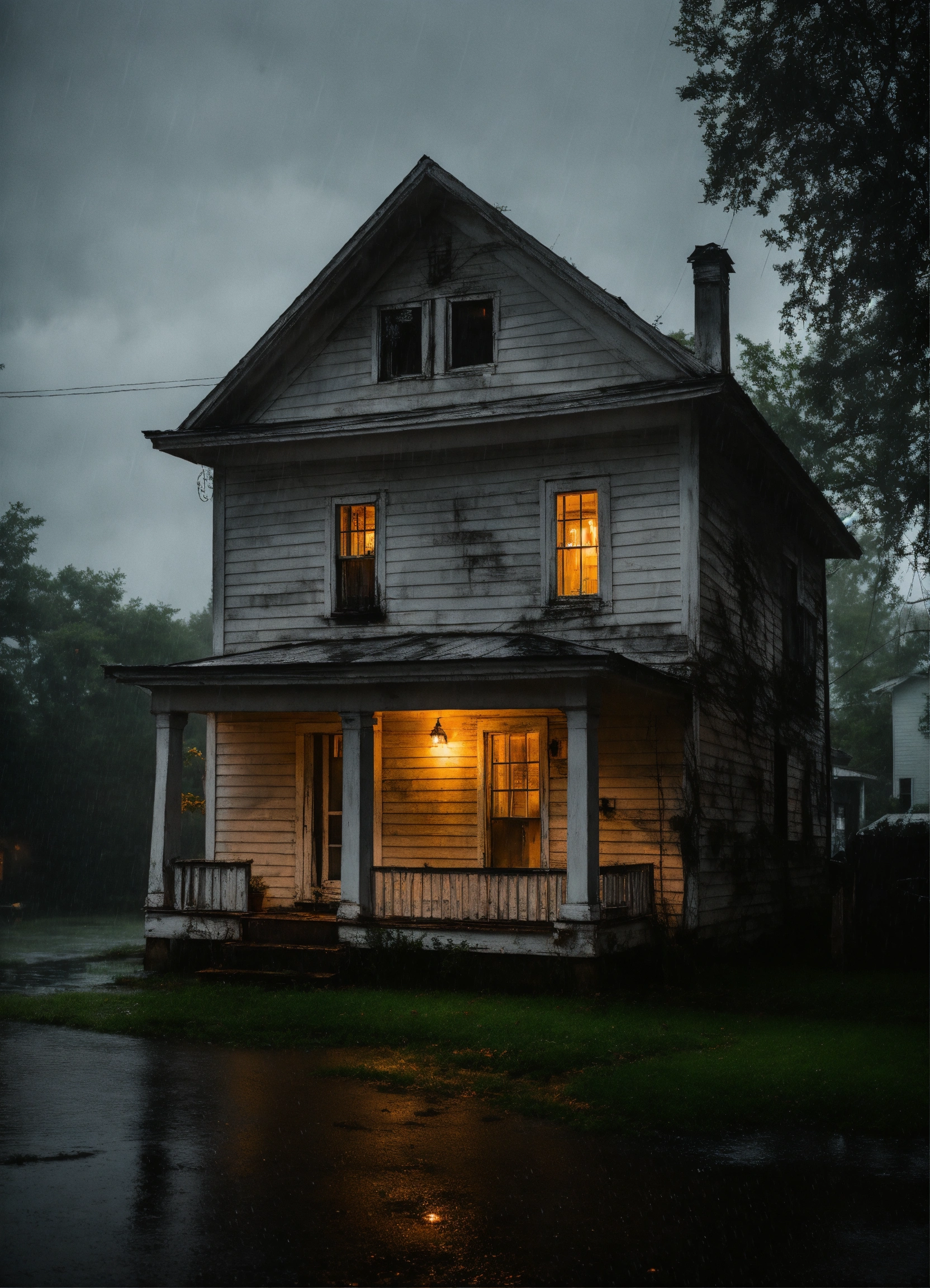 Lexica - Creepy scary one-story white shabby small house in the old ...