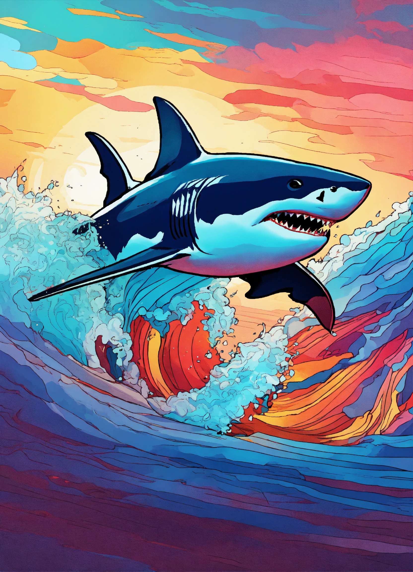 Lexica - Very color background with a great white shark busting through ...