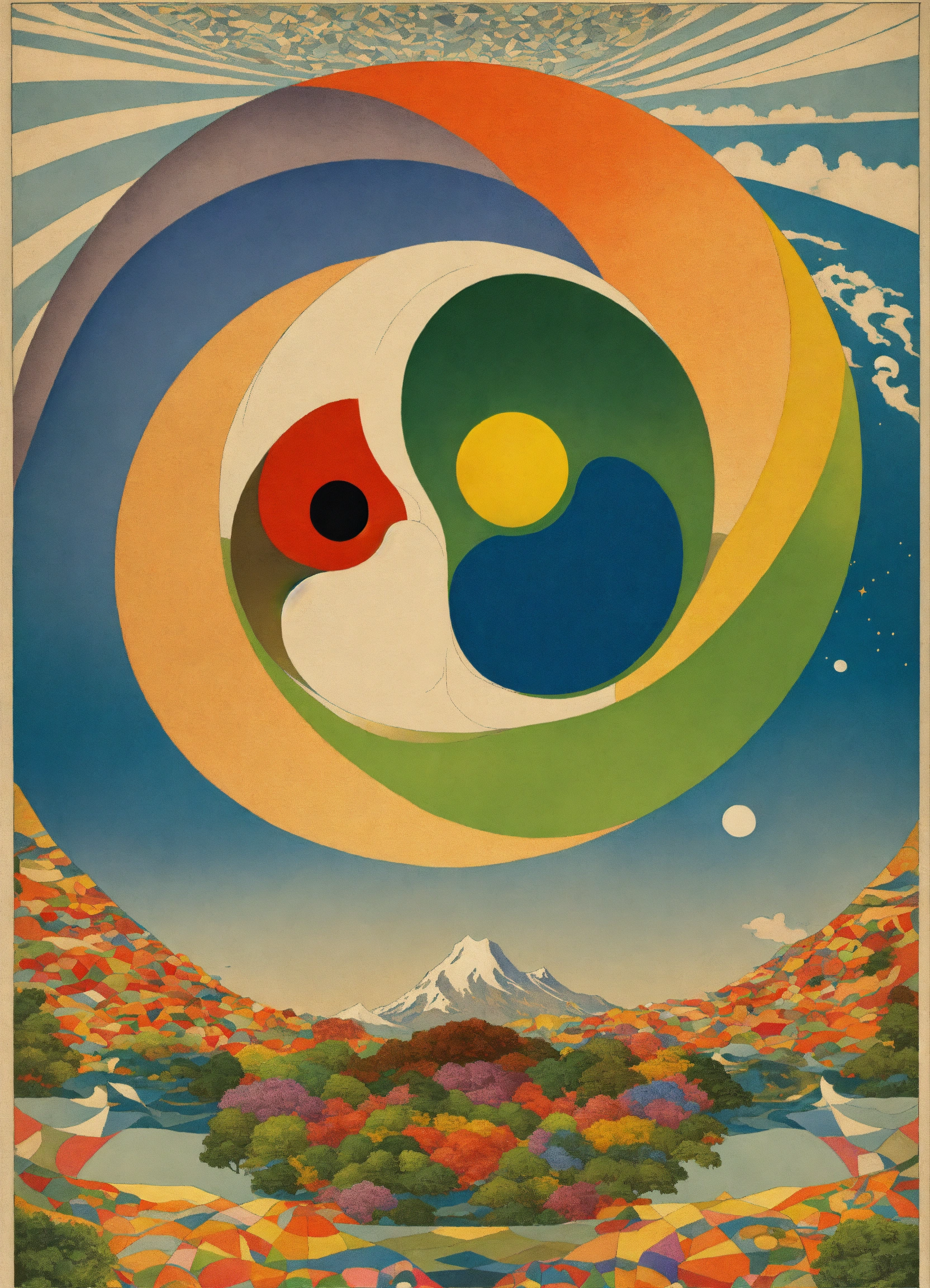 Lexica - Japanese vintage poster, ying yang head merging into another ...