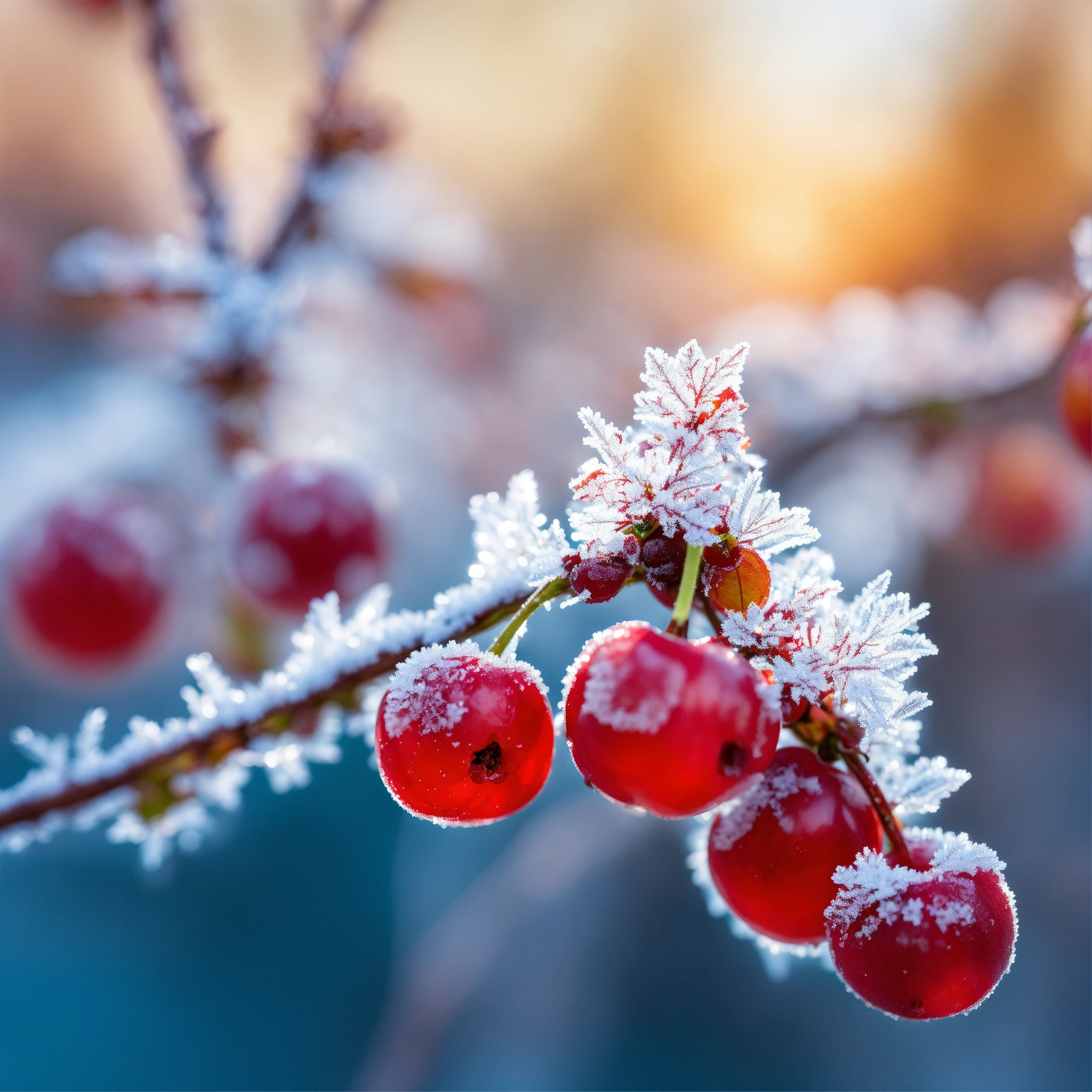 Lexica - Frost on cherry plants and branches with frozen cherry berries, cold colors, close-up ...