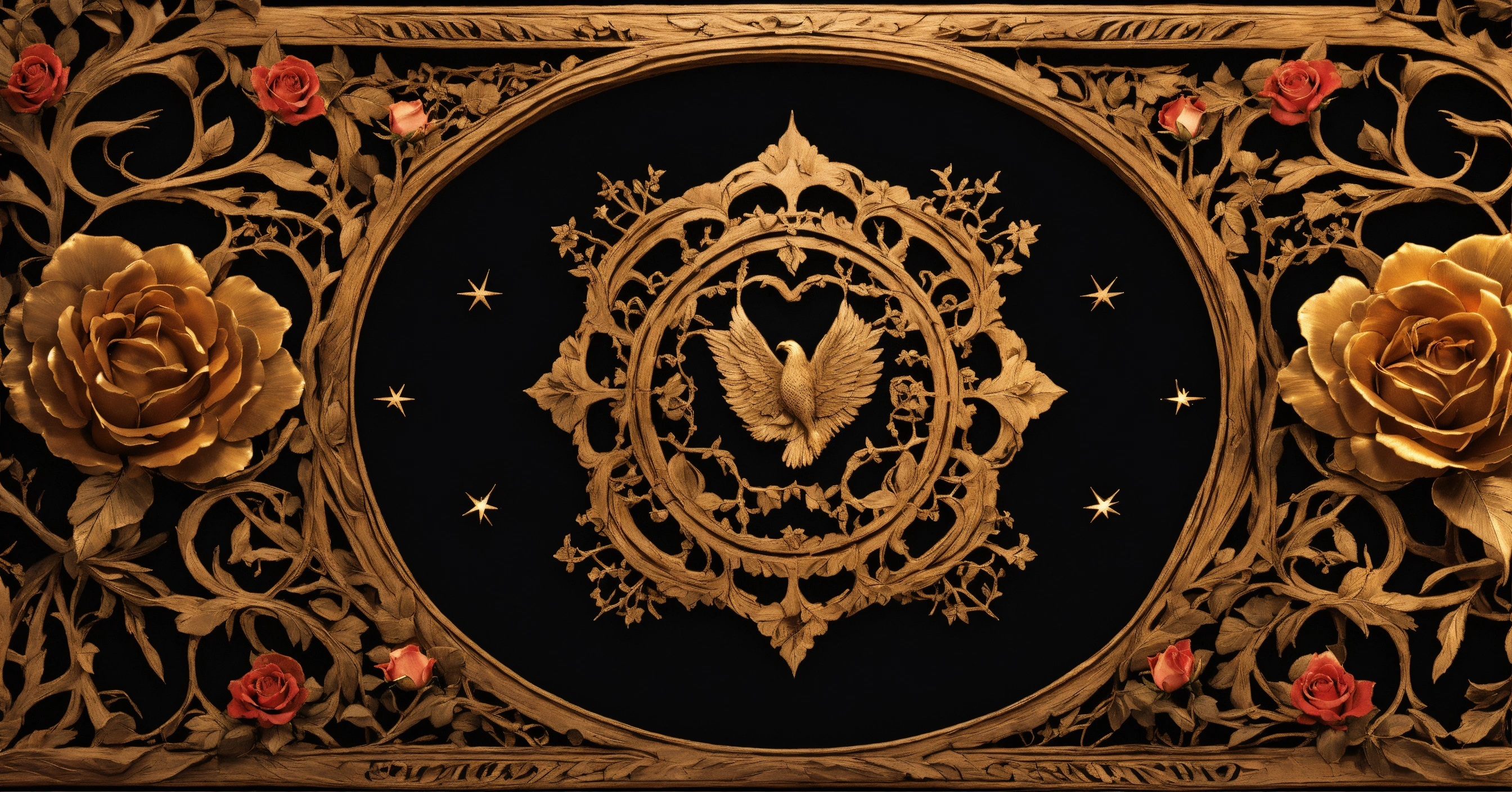 Lexica - An intricate, ornate, symmetrical wood carving, with golden ...