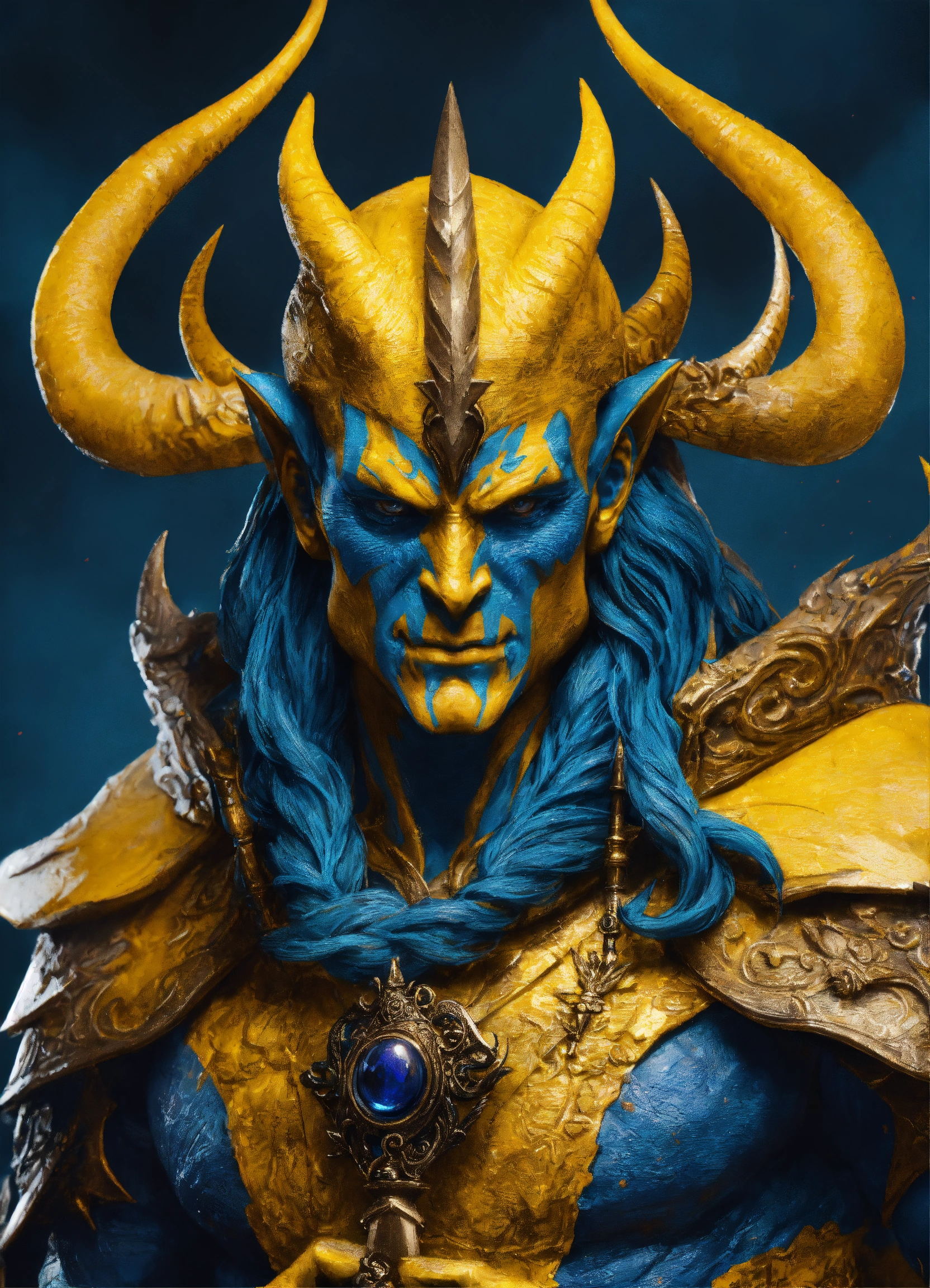 Lexica - Evil demonic yellow and blue devil, holding a trident, ominous ...