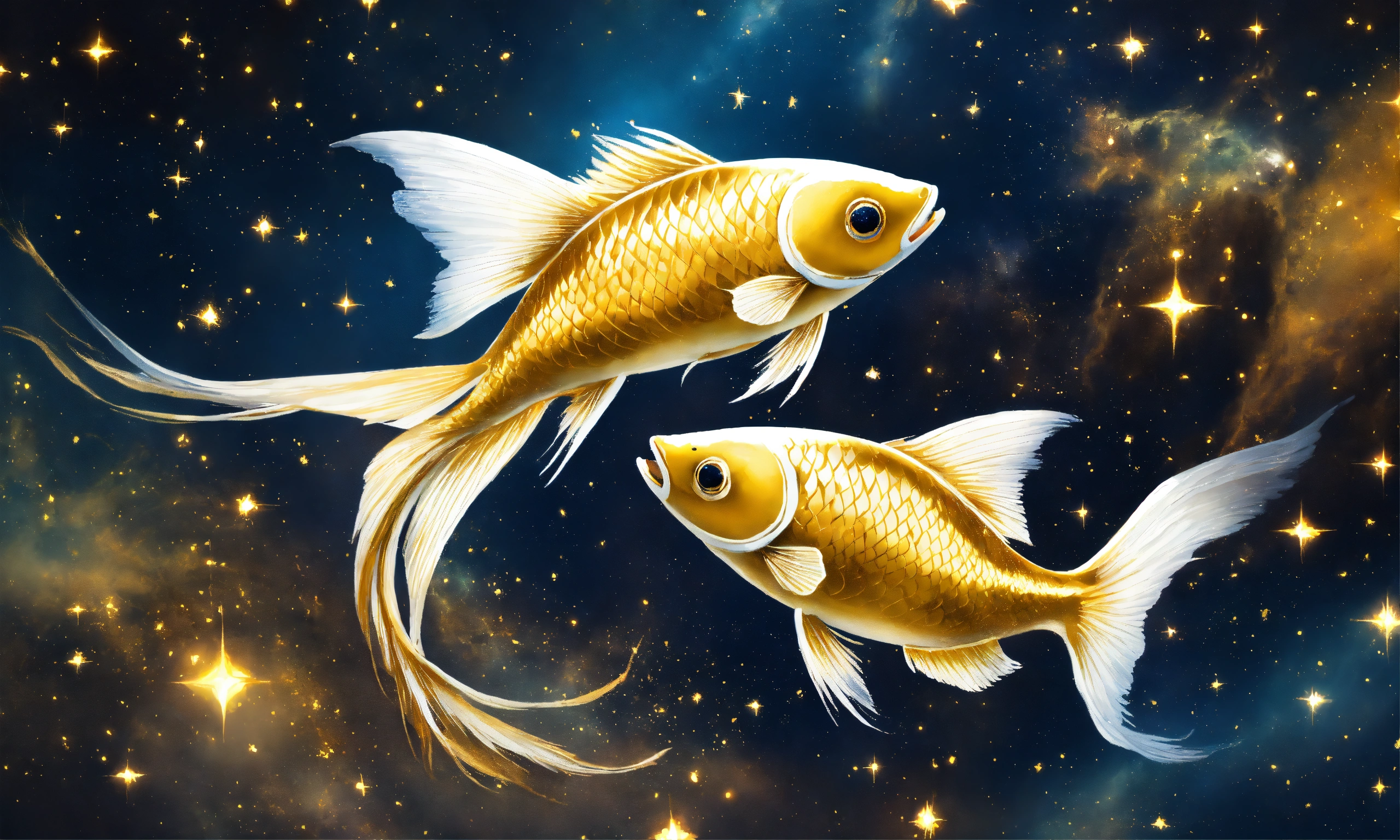 Lexica - Two gold and white mythical fish opposite each other, zodiac ...