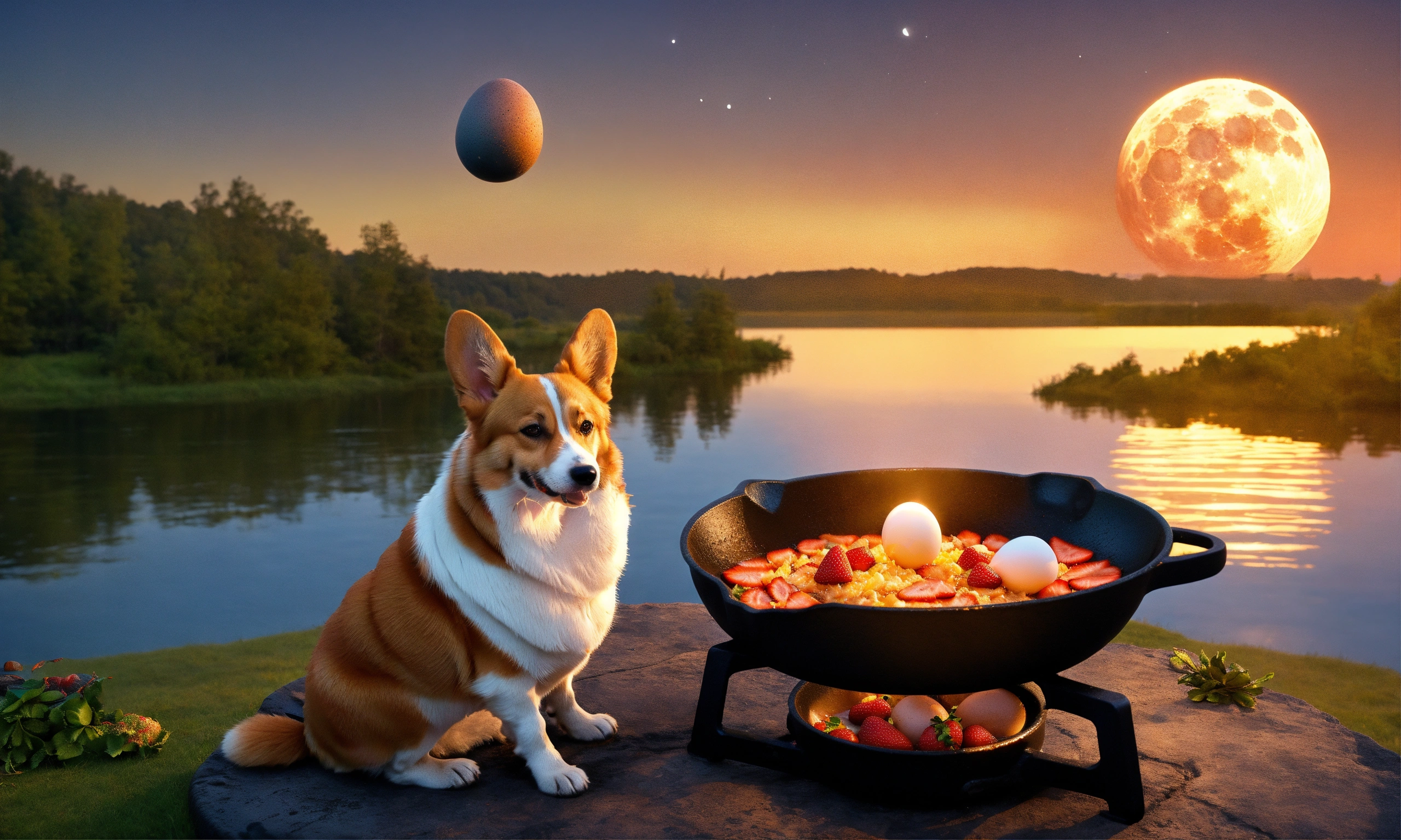 Lexica - 3D image of 2 corgi dogs frying a giant egg in a giant cast ...
