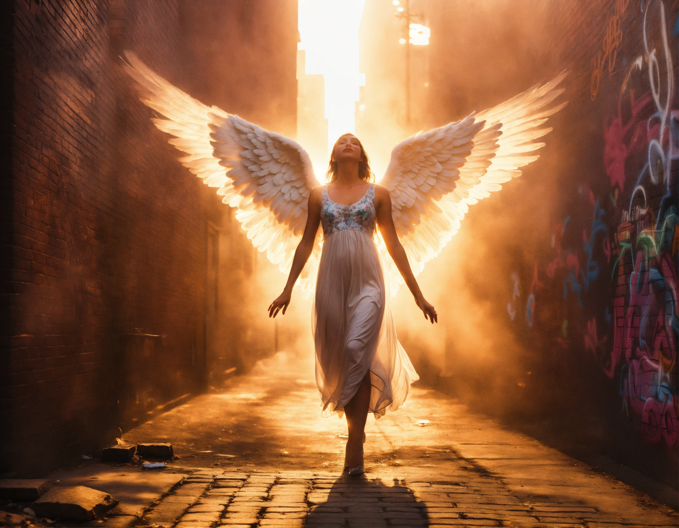 Lexica - Graffiti painted on a brick wall of a mystical angel flying ...