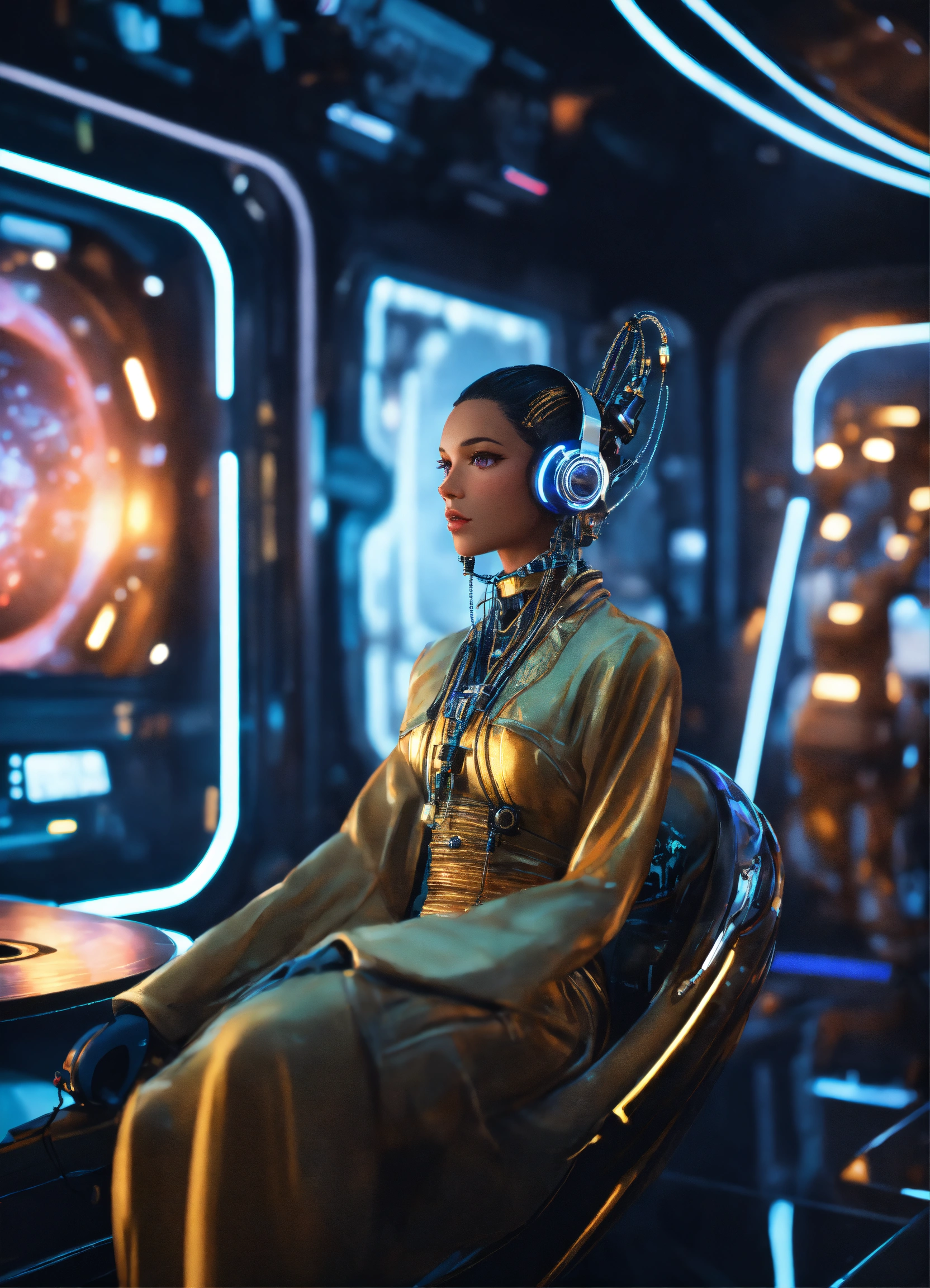 Lexica - Zoom out from a mixed humanoid, wearing a fancy space robe ...