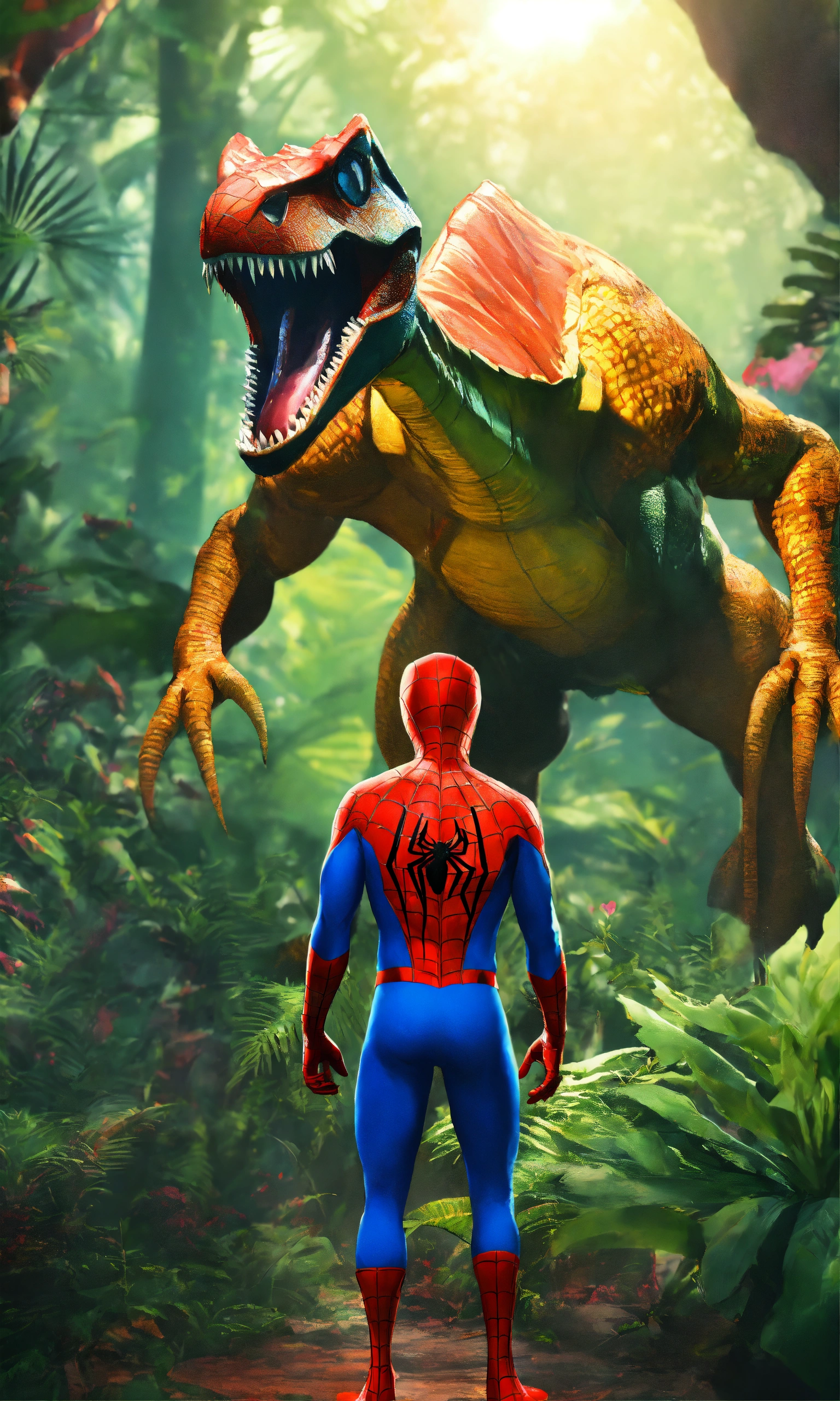 Lexica - Spiderman in front of a dinosaur in the deep jungle full-body ...