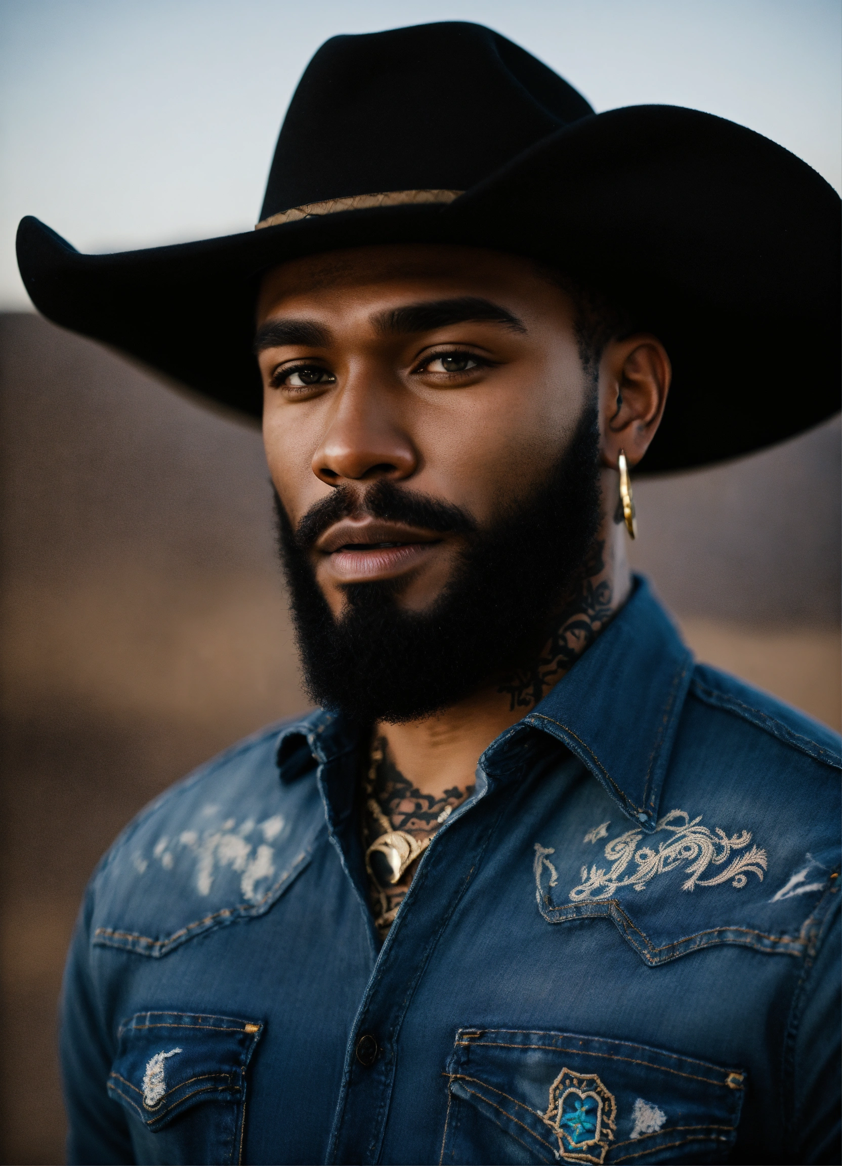 Lexica - Black man, cowboy hat, beard, tattoos, hazel eyes, jean shirt ...