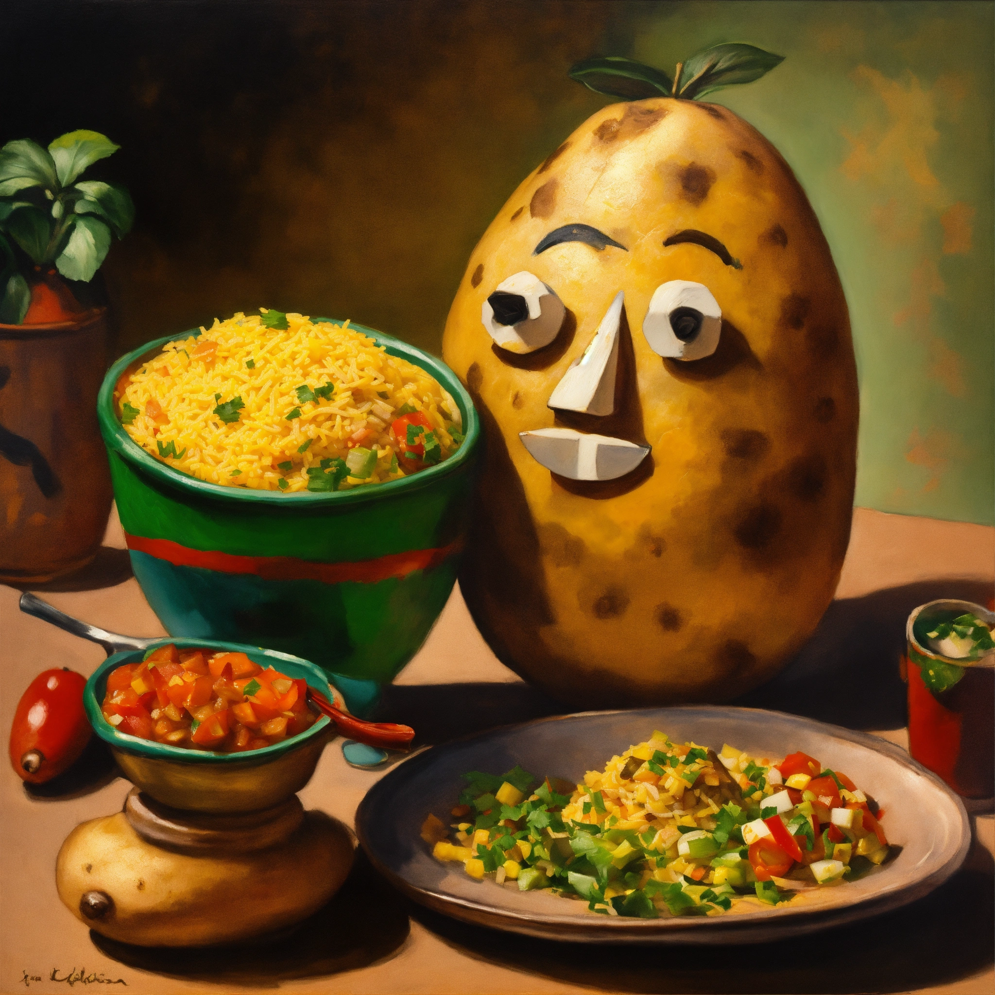 Lexica - A potato character having mexican dinner as it was painted by ...