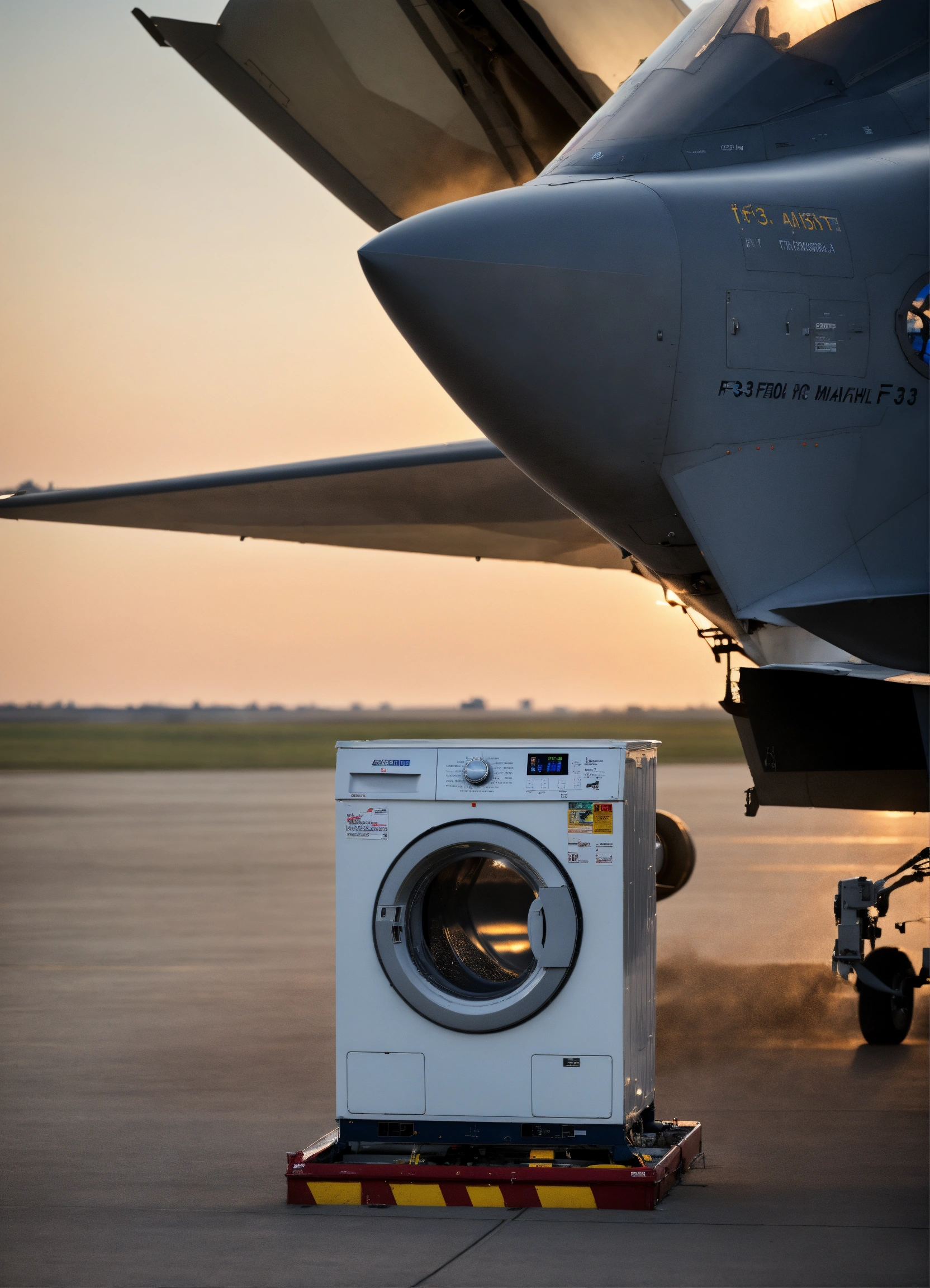 Lexica - A washing machine stands in front of an F35 plane