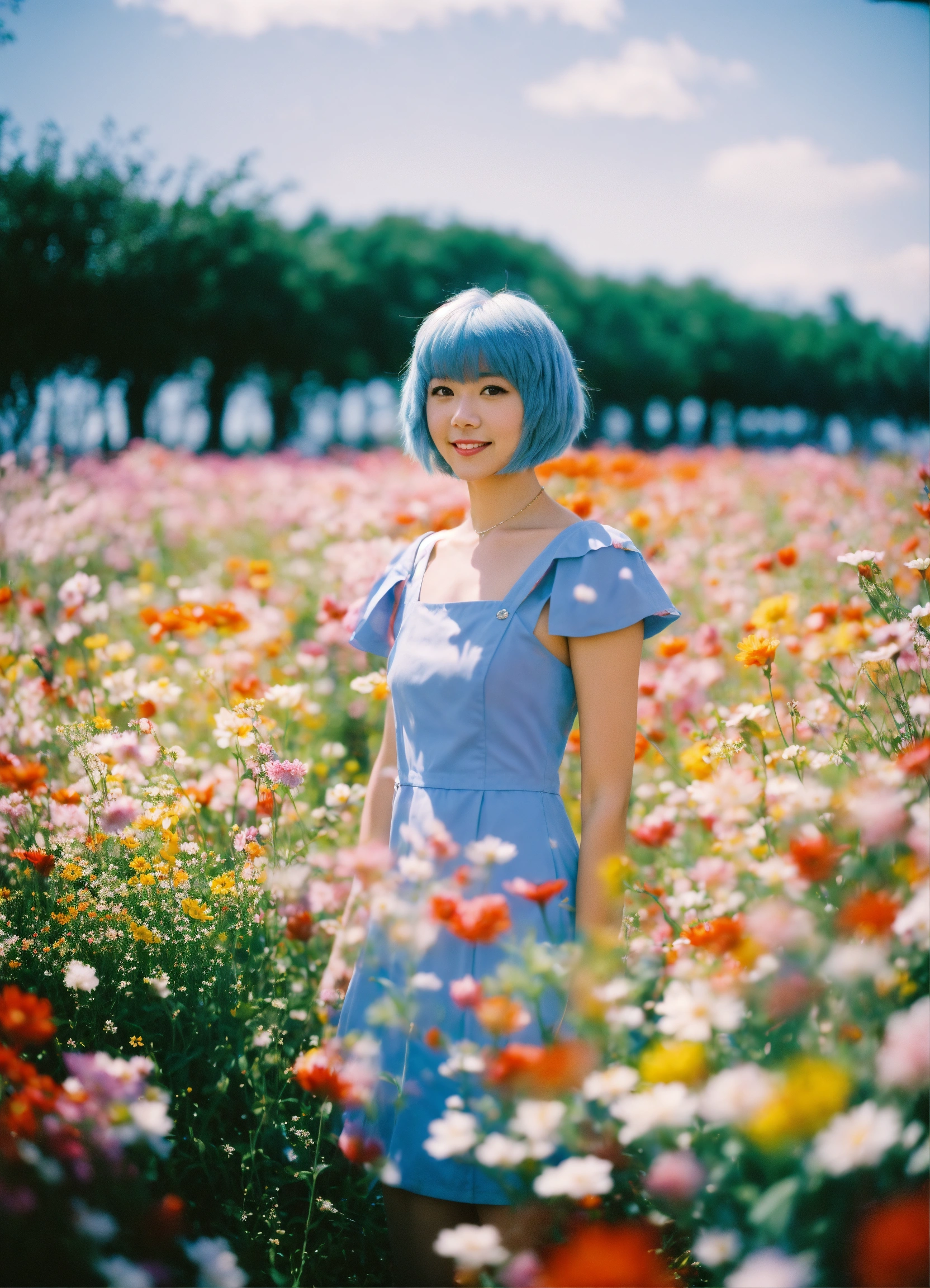 Lexica - Happy Rei Ayanami standing in a beautiful field of flowers ...