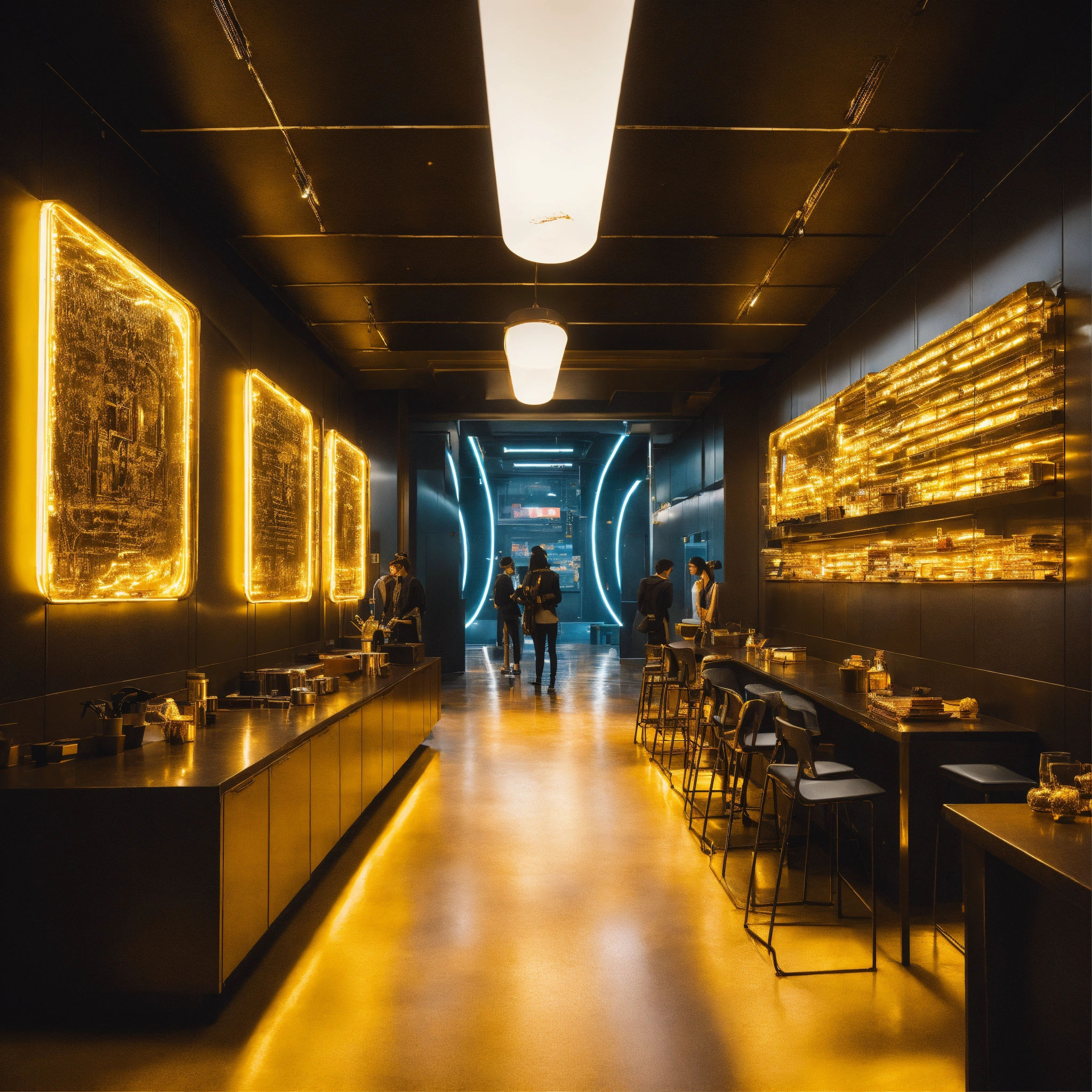 Lexica - A dark futuristic break room where many students scurry around ...