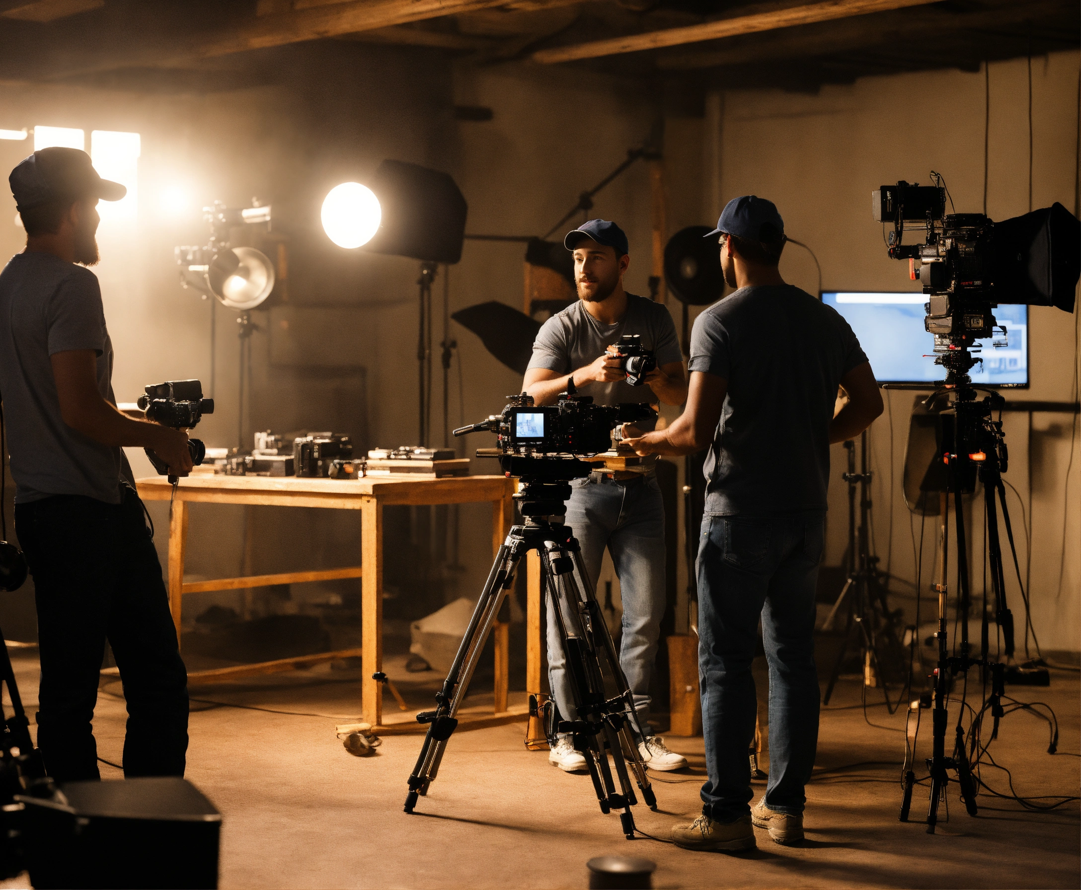 Lexica - The film set. One cameraman is sitting behind the camera, he ...