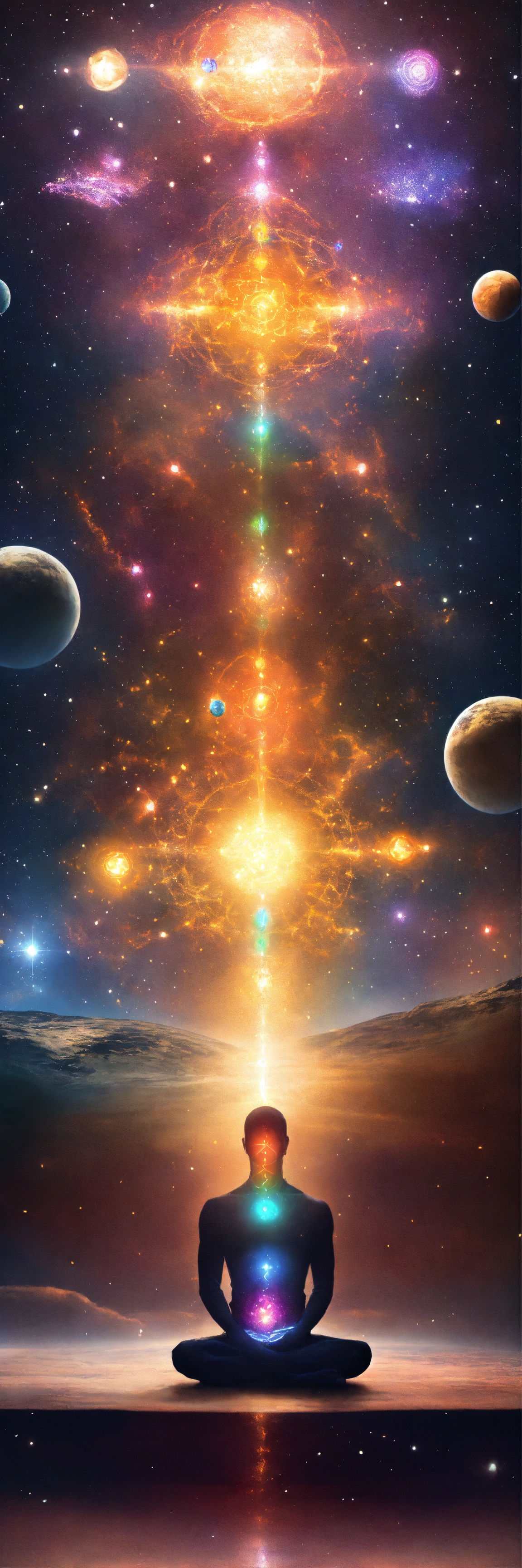 Lexica - Human entity meditating in space showing his chakras