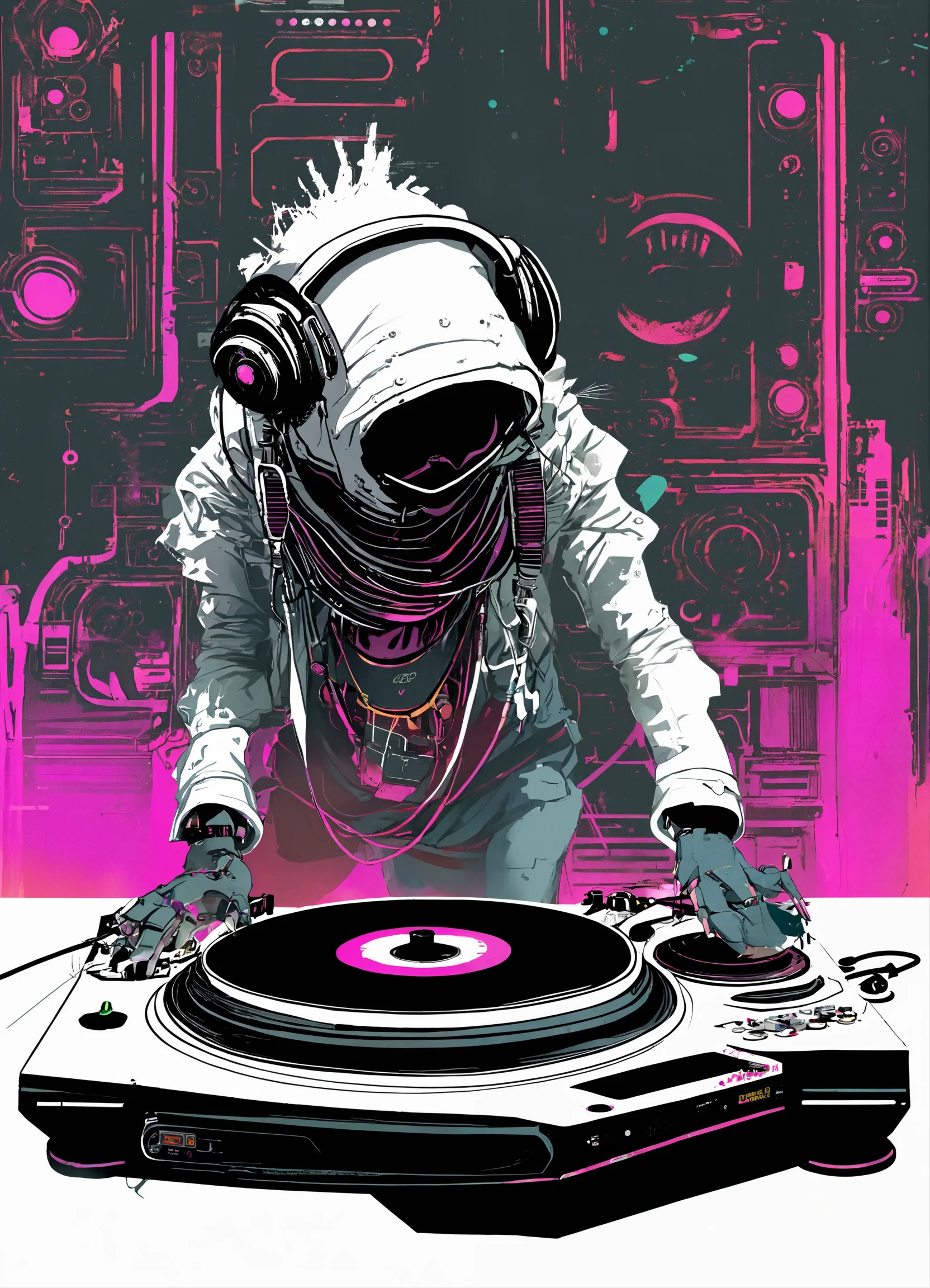 Lexica - 2D vector, dark sci-fi steampunk creature on DJ turntables ...