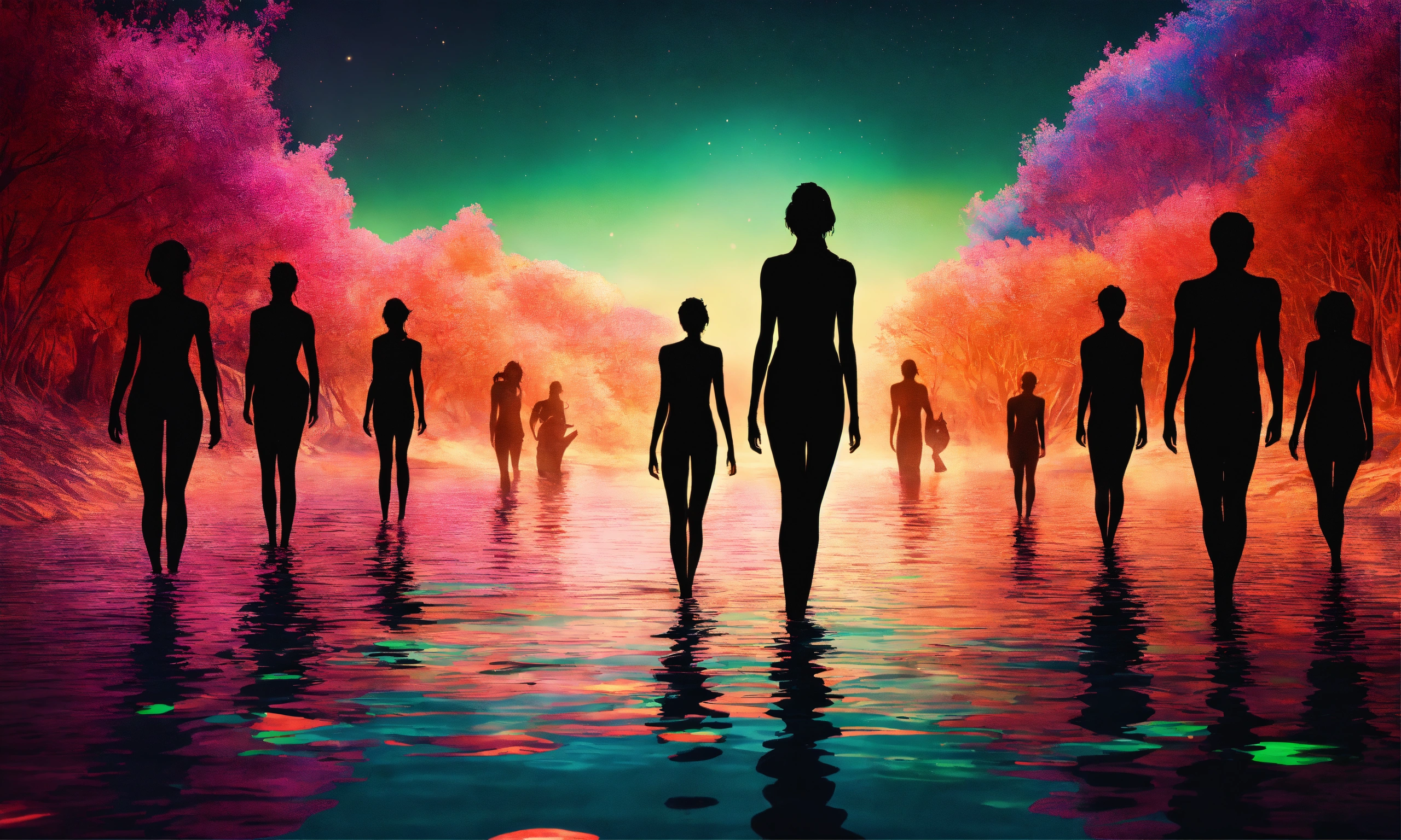 Lexica - 7 genderless body black silhouettes floating and intertwined ...