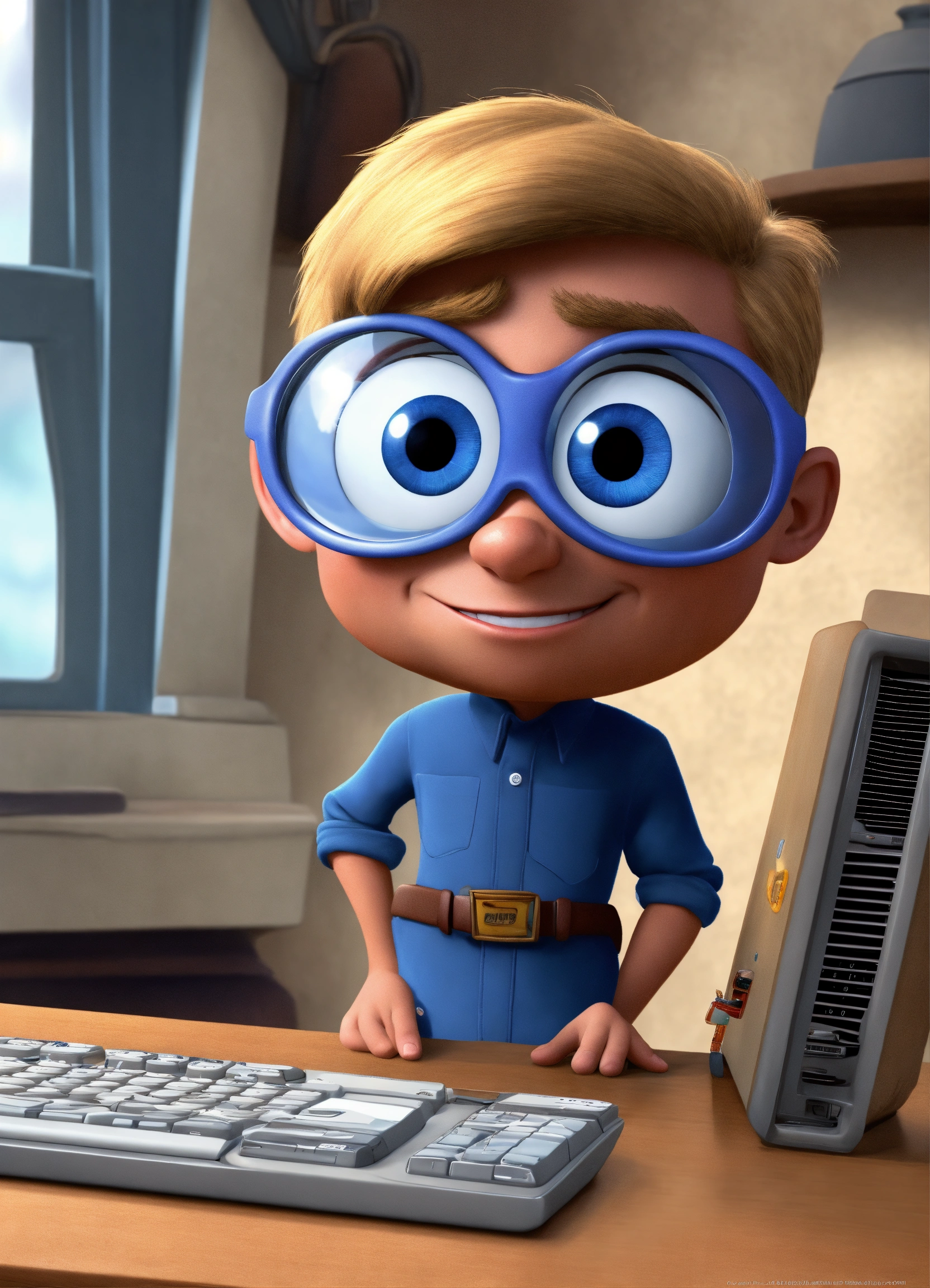 Lexica - Pixar man blode blue eyes big nouse qith computer cartoon