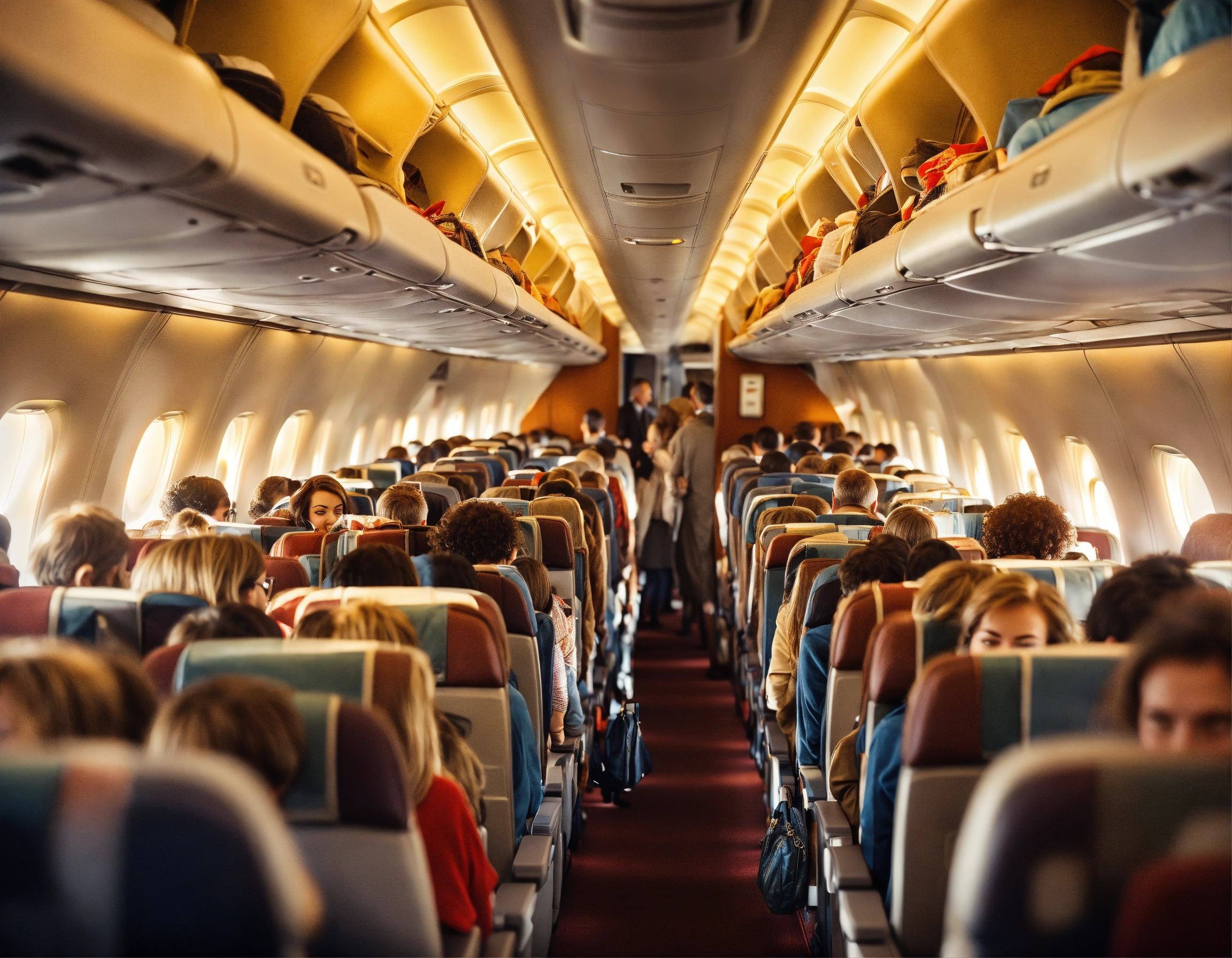 Lexica - Happy airline passengers fill rows of seats in an interior ...