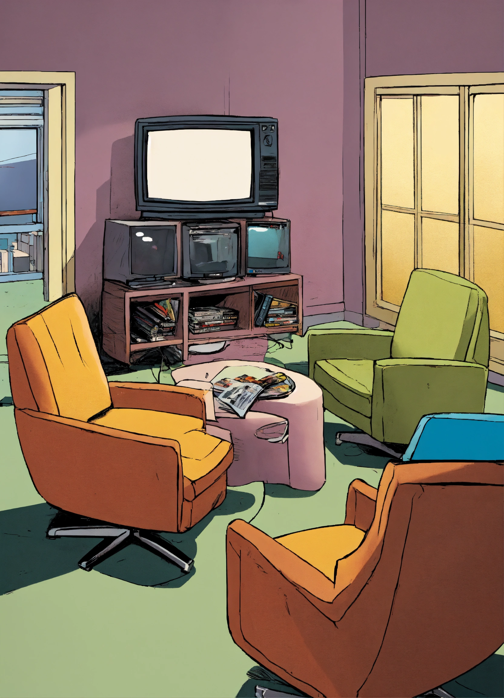 Lexica - Comic character, three chairs facing a tv