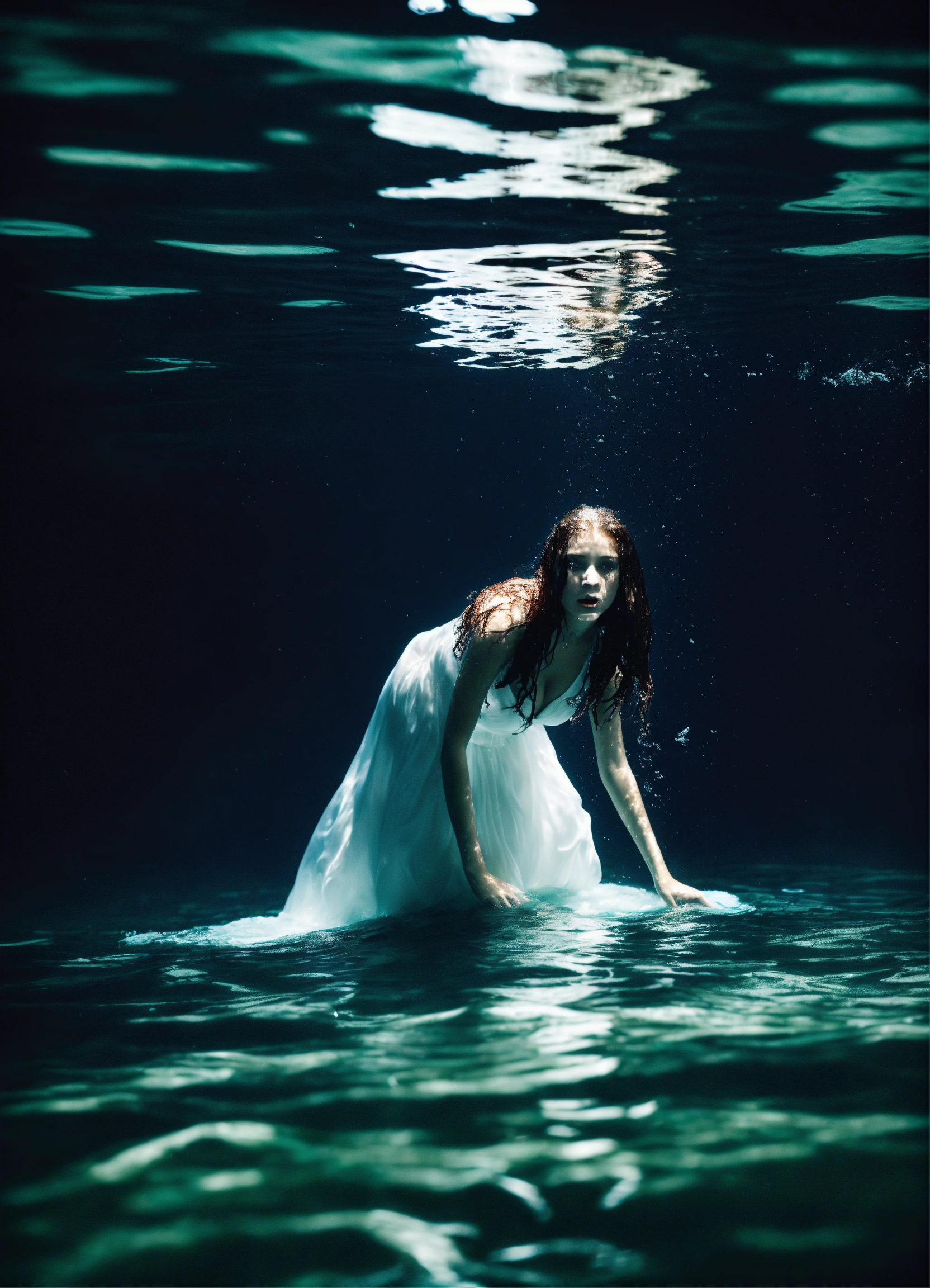 Lexica - The woman in white is drowning under water. dark. scary pictures